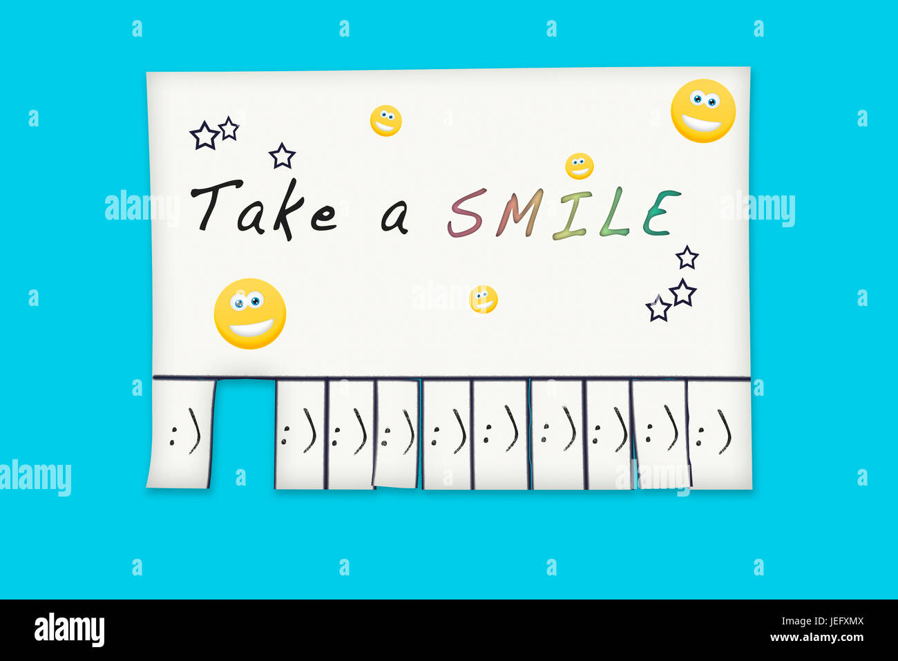"Take a Smile" sign on a blue colored wall with tear-off smiley faces ...