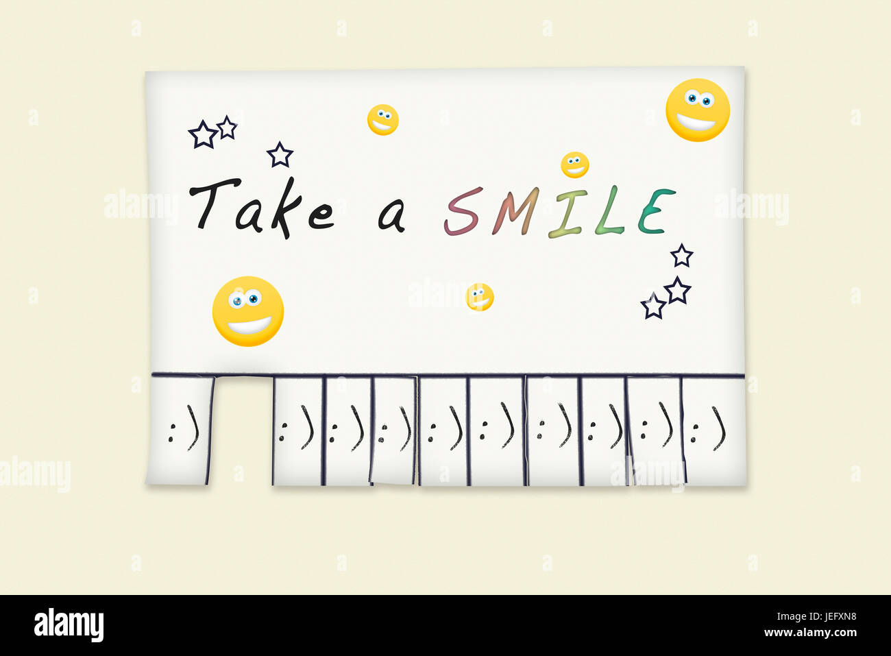 "Take a Smile" sign on a cream-colored wall with tear-off smiley faces ...