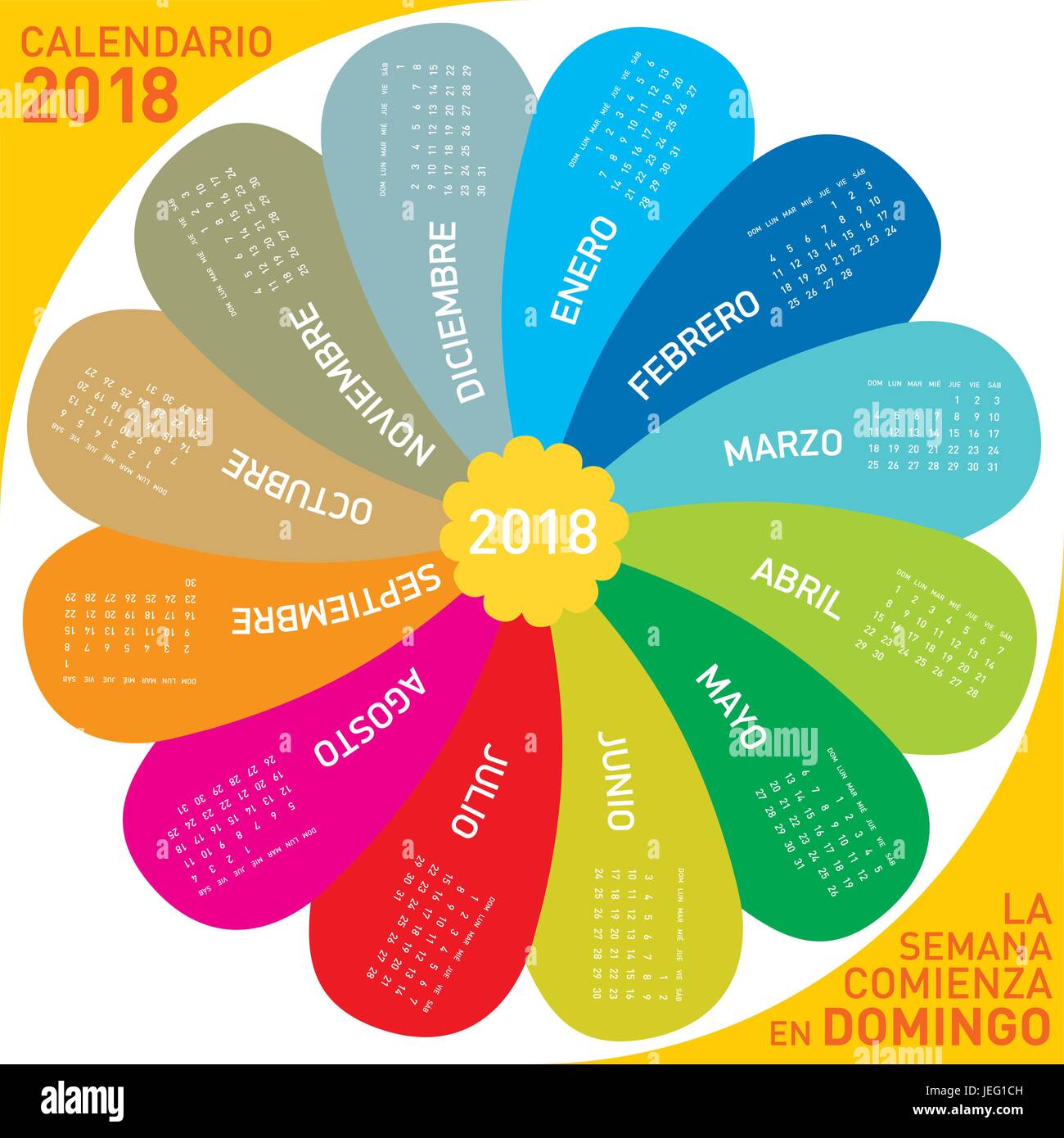 colorful calendar for 2018, flower design. Spanish Language, Week ...