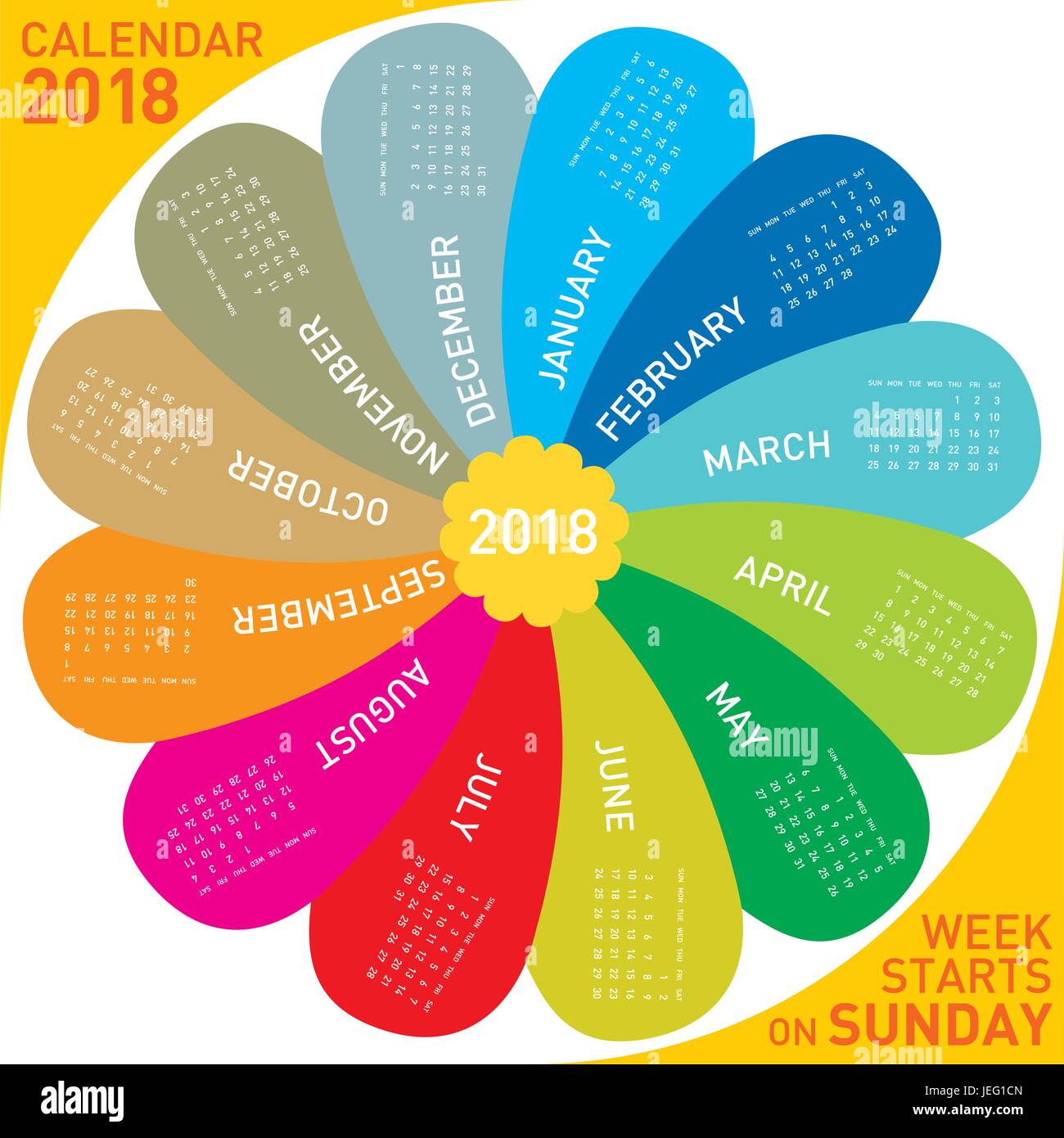 colorful calendar for 2018. flower design, each month in a petal. Week ...