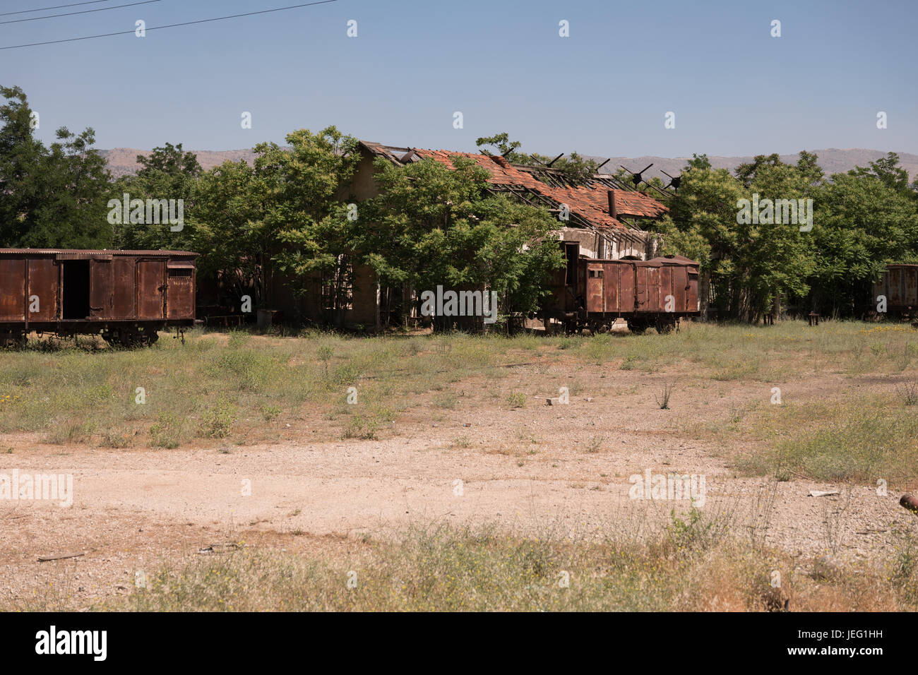 Abandoned trains and derelect station in Rayak, Lebanon, in the Bakaa ...