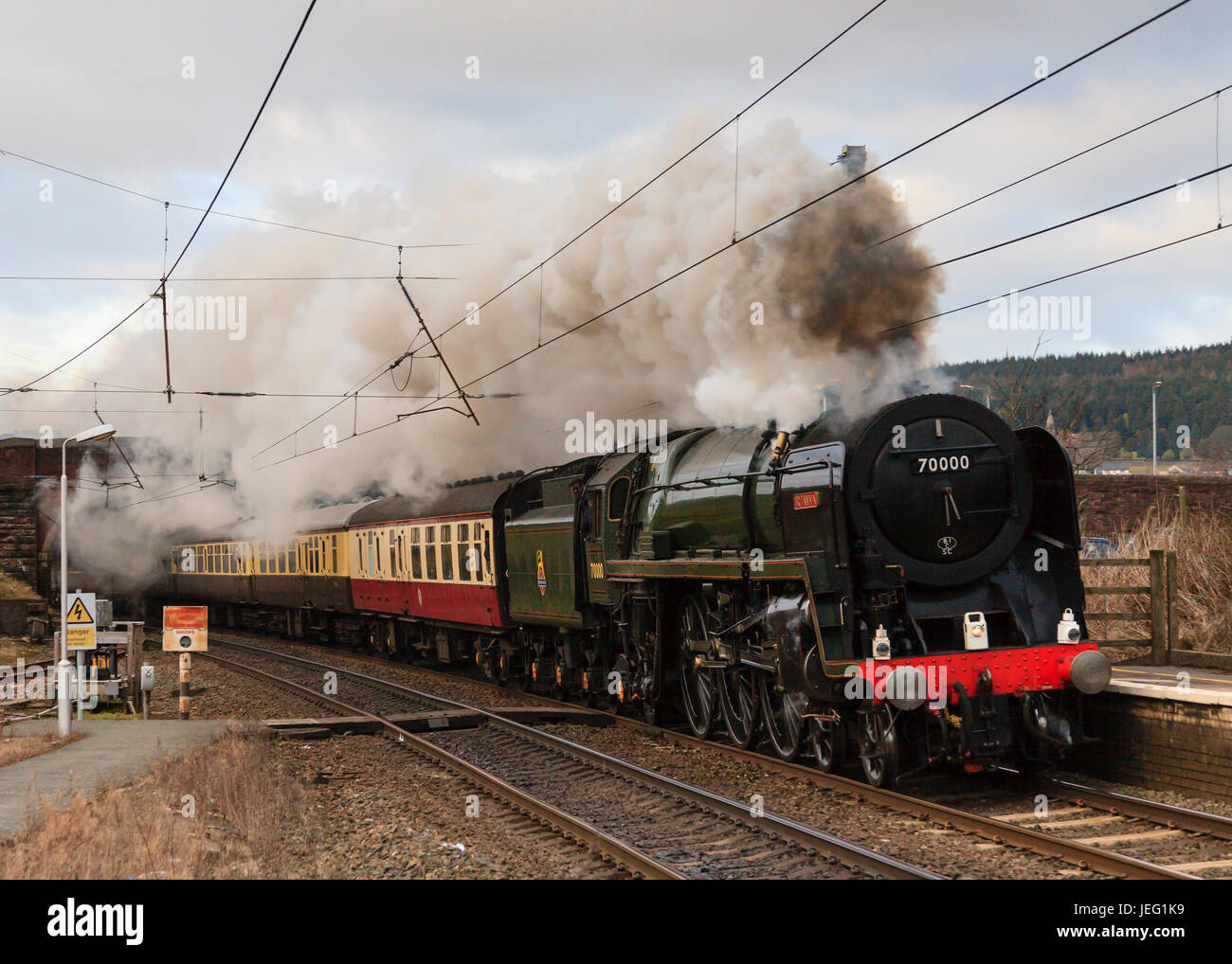 Steam locomotive 70000 Britannia, heads the Cumbrian Guardsman ...