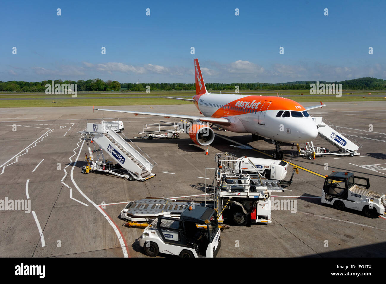 An Easyjet aircraft seen at Edinburgh Airport together with the ground ...
