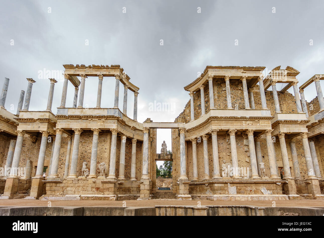 The Roman Theatre proscenium in Merida, front view Stock Photo - Alamy