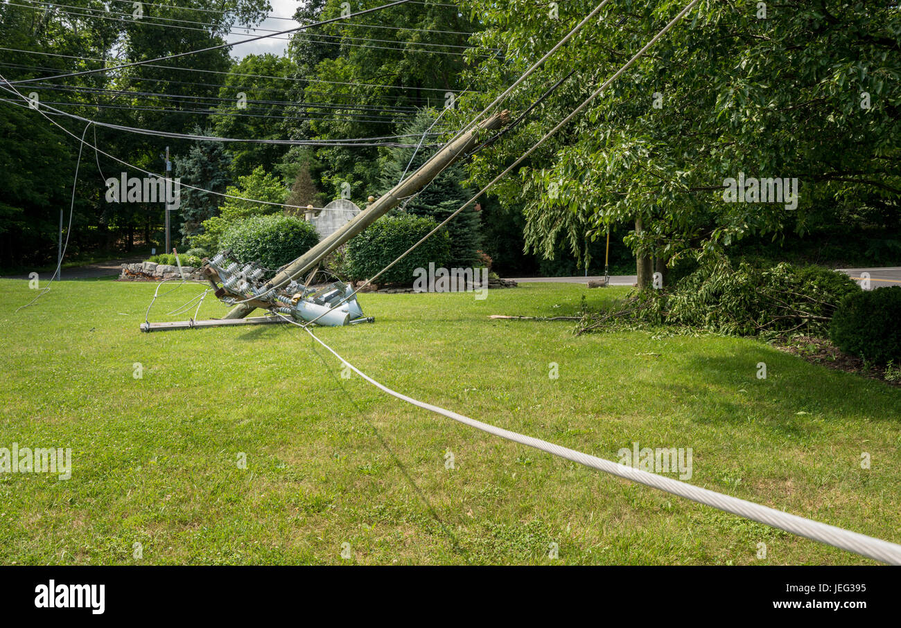 Snapped and downed power post and line after storm Stock Photo - Alamy