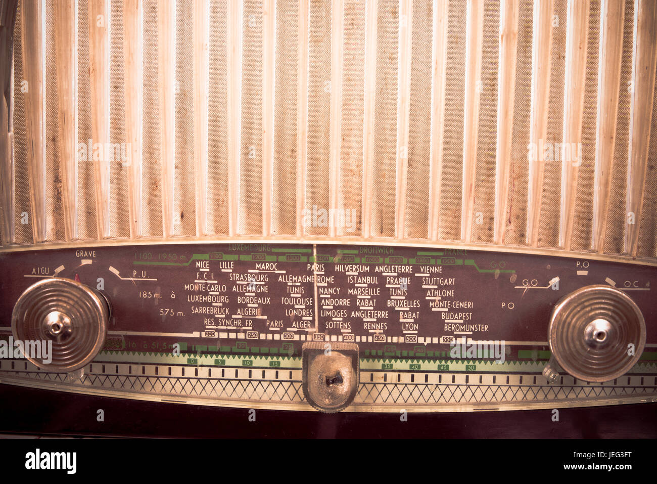Detail take of a vintage radio receiver dial with the names of ...