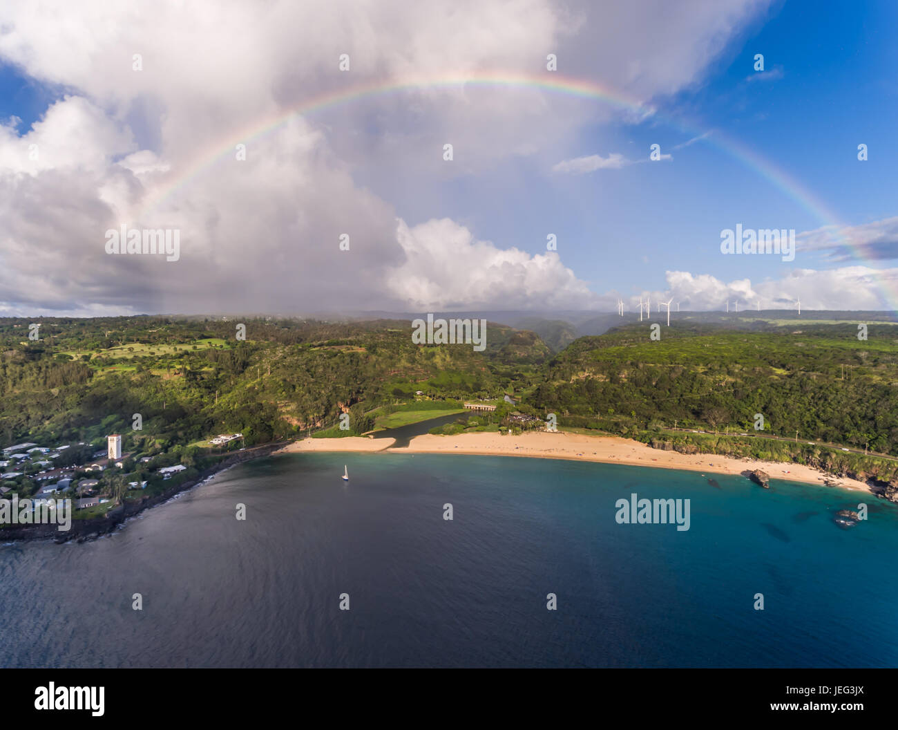 Aerial view of Waimea bay with a full Rainbow on the island of Oahu ...