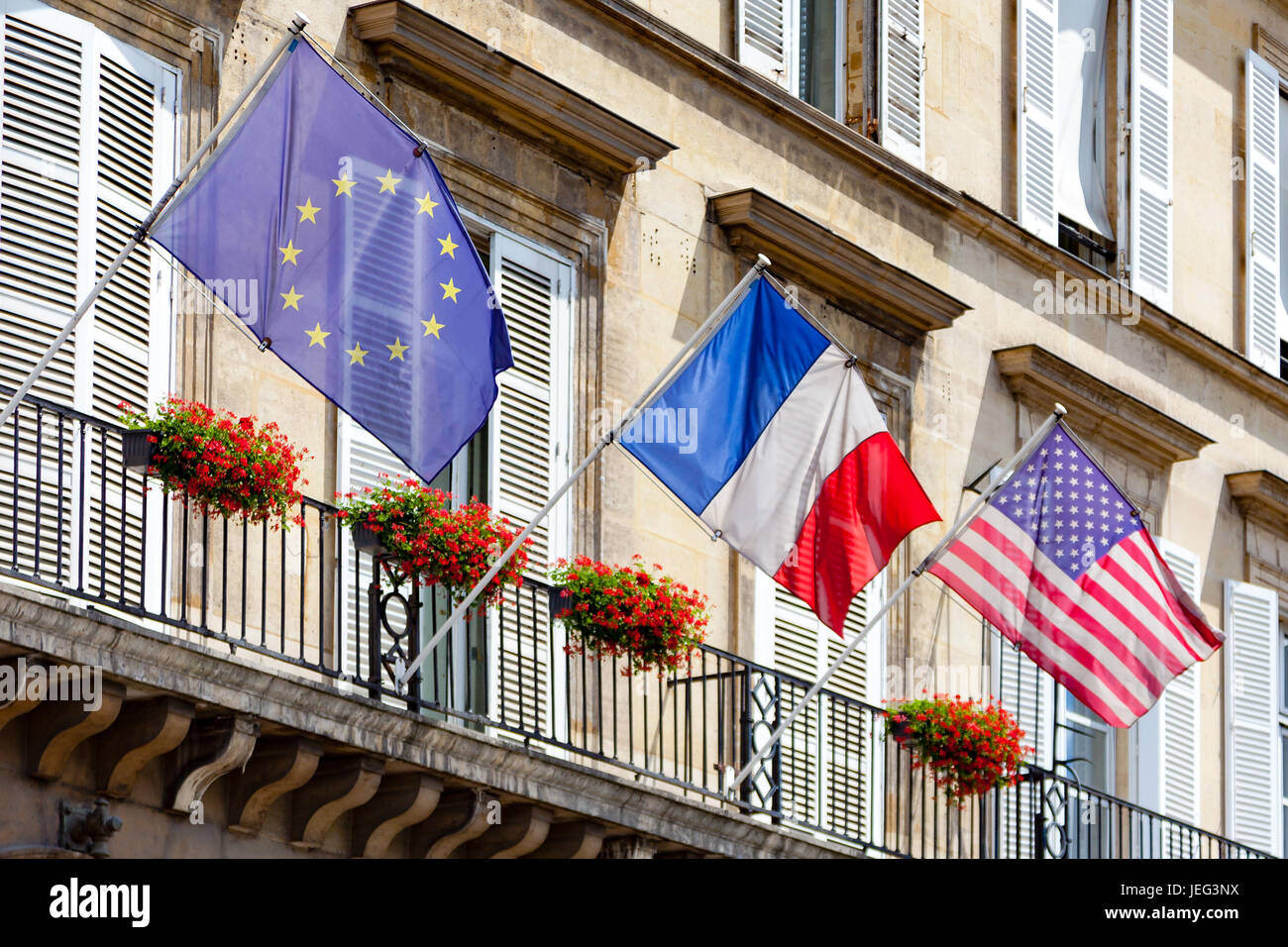 Paris, France - June 24, 2017 : Three flags waving over Rivoli street ...