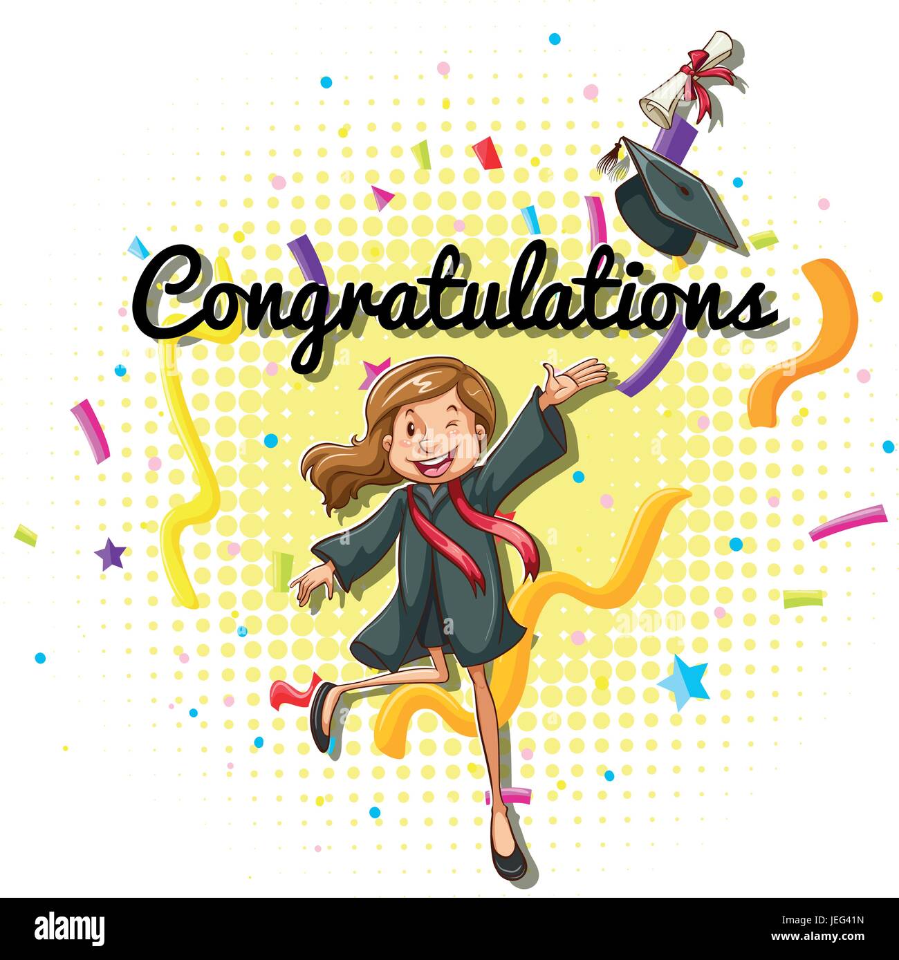 Card template for graduation with woman in gown illustration Stock ...