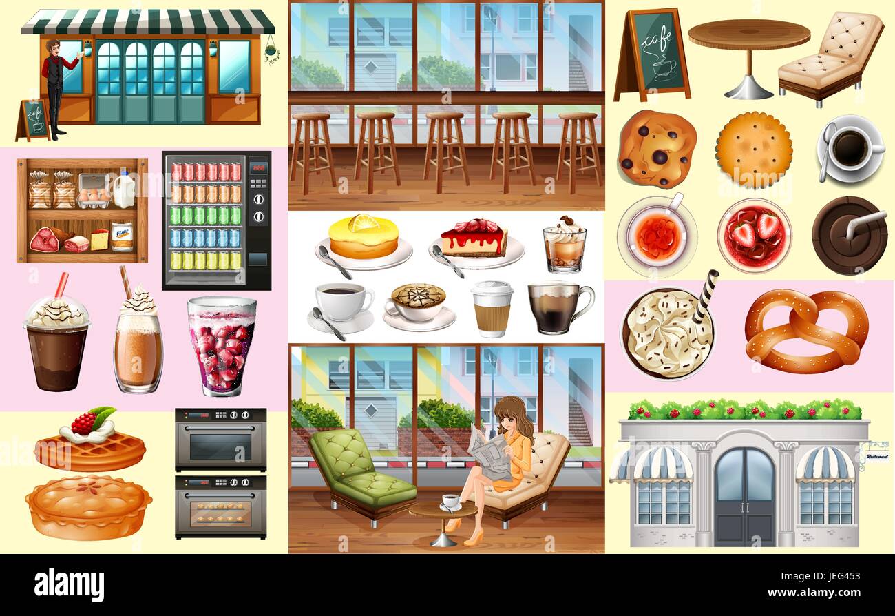 Cafe and different kinds of food and drinks illustration Stock Vector ...