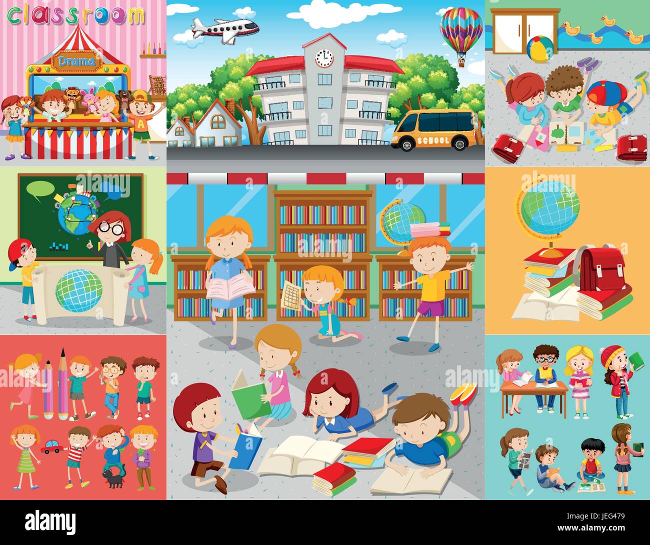 Different scenes with children at school illustration Stock Vector ...