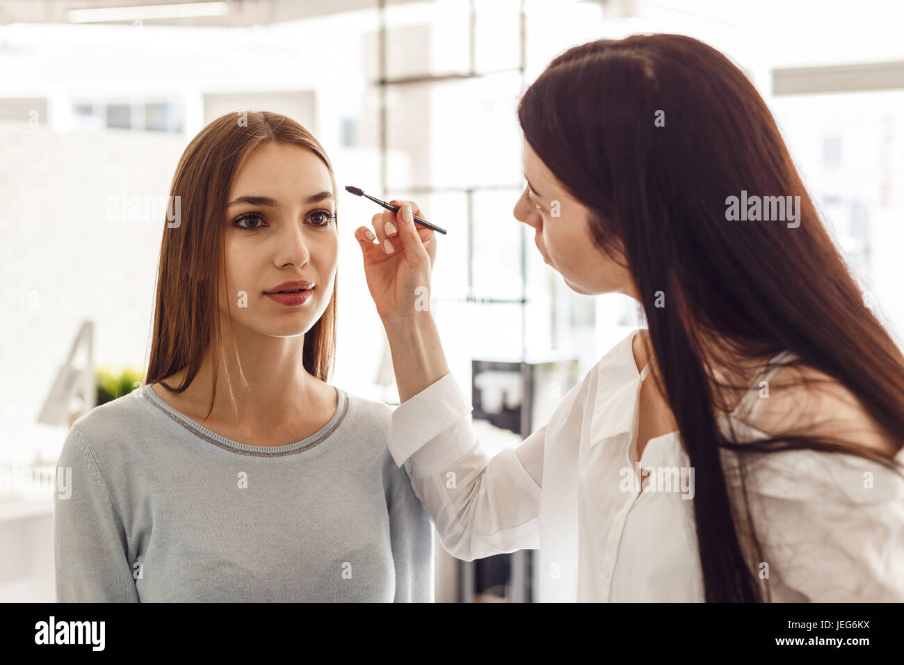 Master makeup corrects, and gives shape for eyebrows in a beauty salon ...