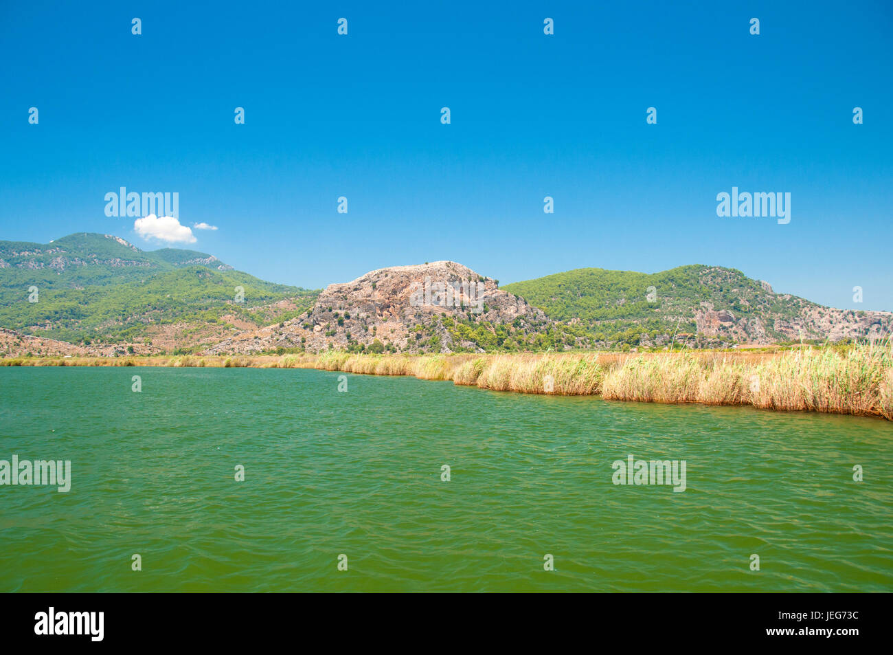 TURKEY, MUGLA ,DALYAN. The Dalyan River with tourist boat in the ...