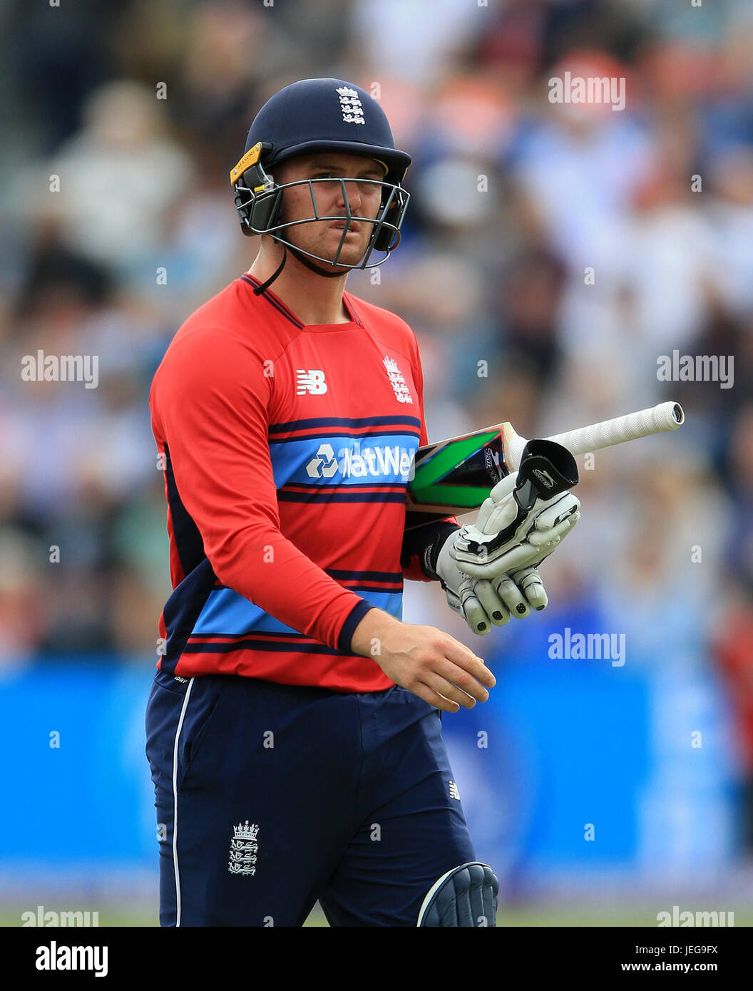 England's Jason Roy walks off after losing his wicket during the T20 ...
