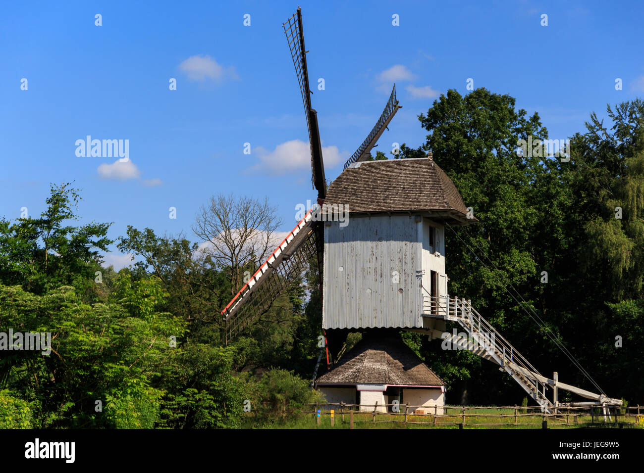 Old windmill on a sunny day, Historical museum Bokrijk, Genk, Flanders ...