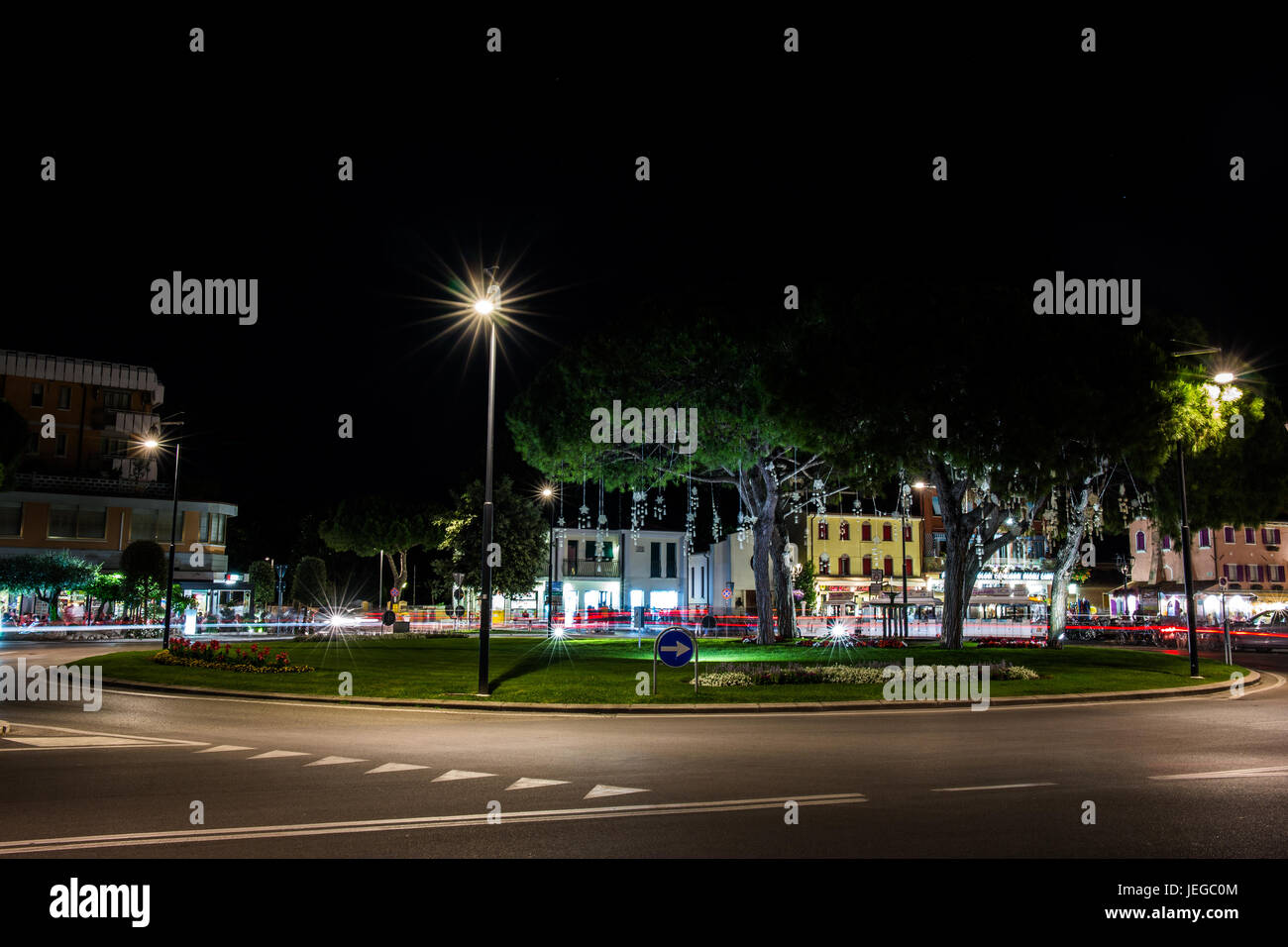 Decorated and illuminated roundabout in town center. Caorle, Italy ...