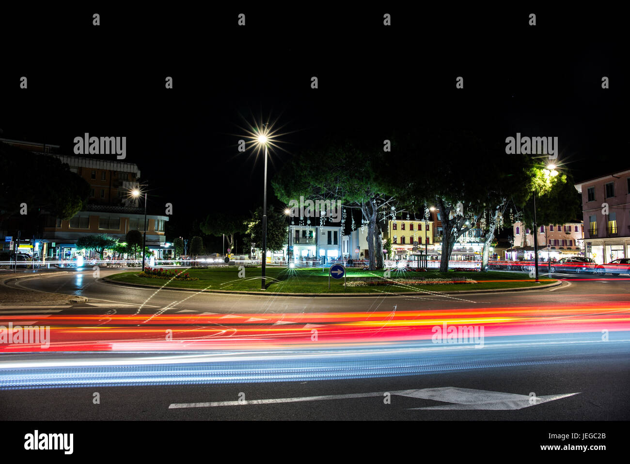Decorated and illuminated roundabout in town center. Caorle, Italy ...