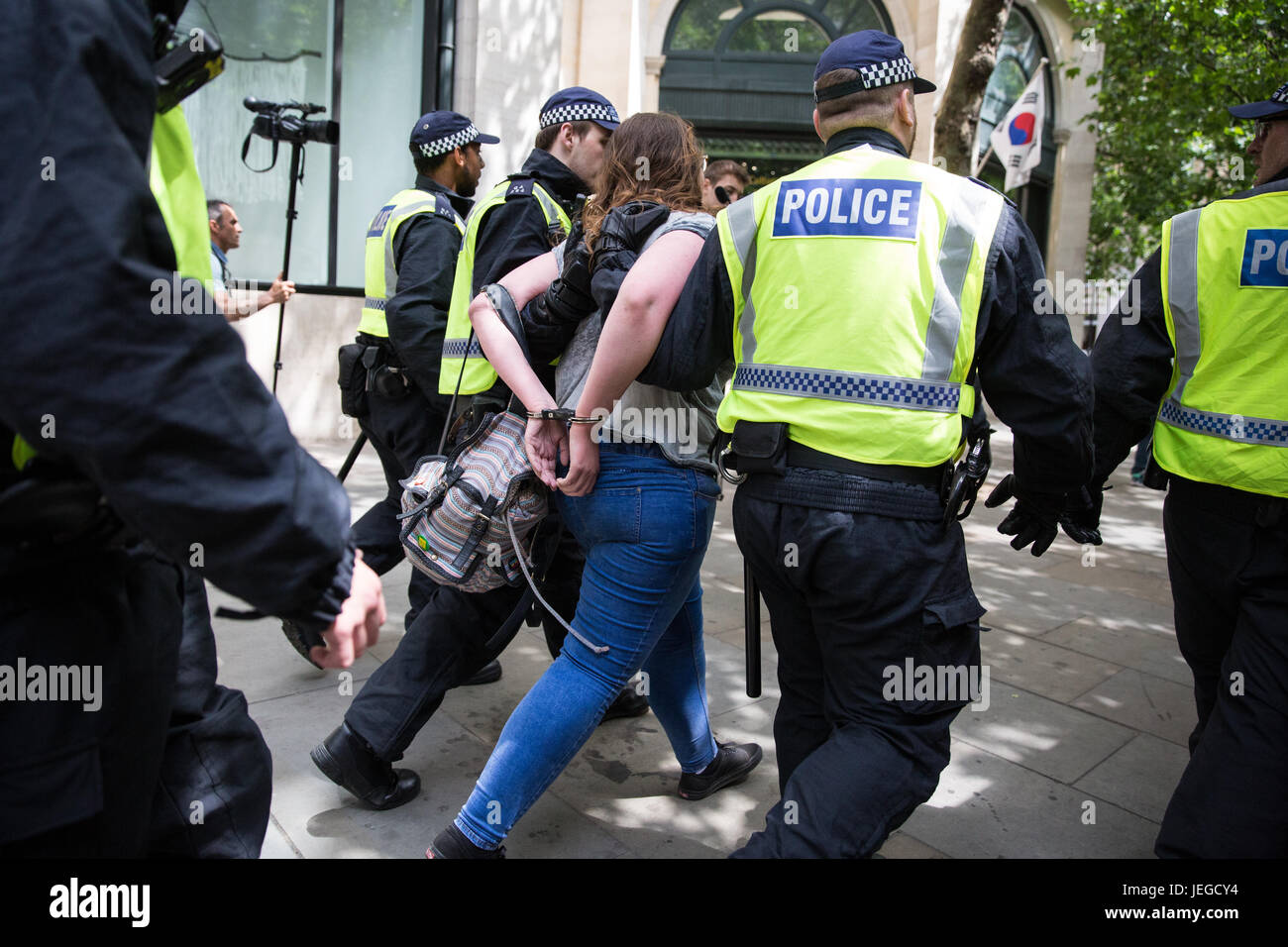 London, UK. 24th June, 2017. Police officers arrest a woman among anti ...