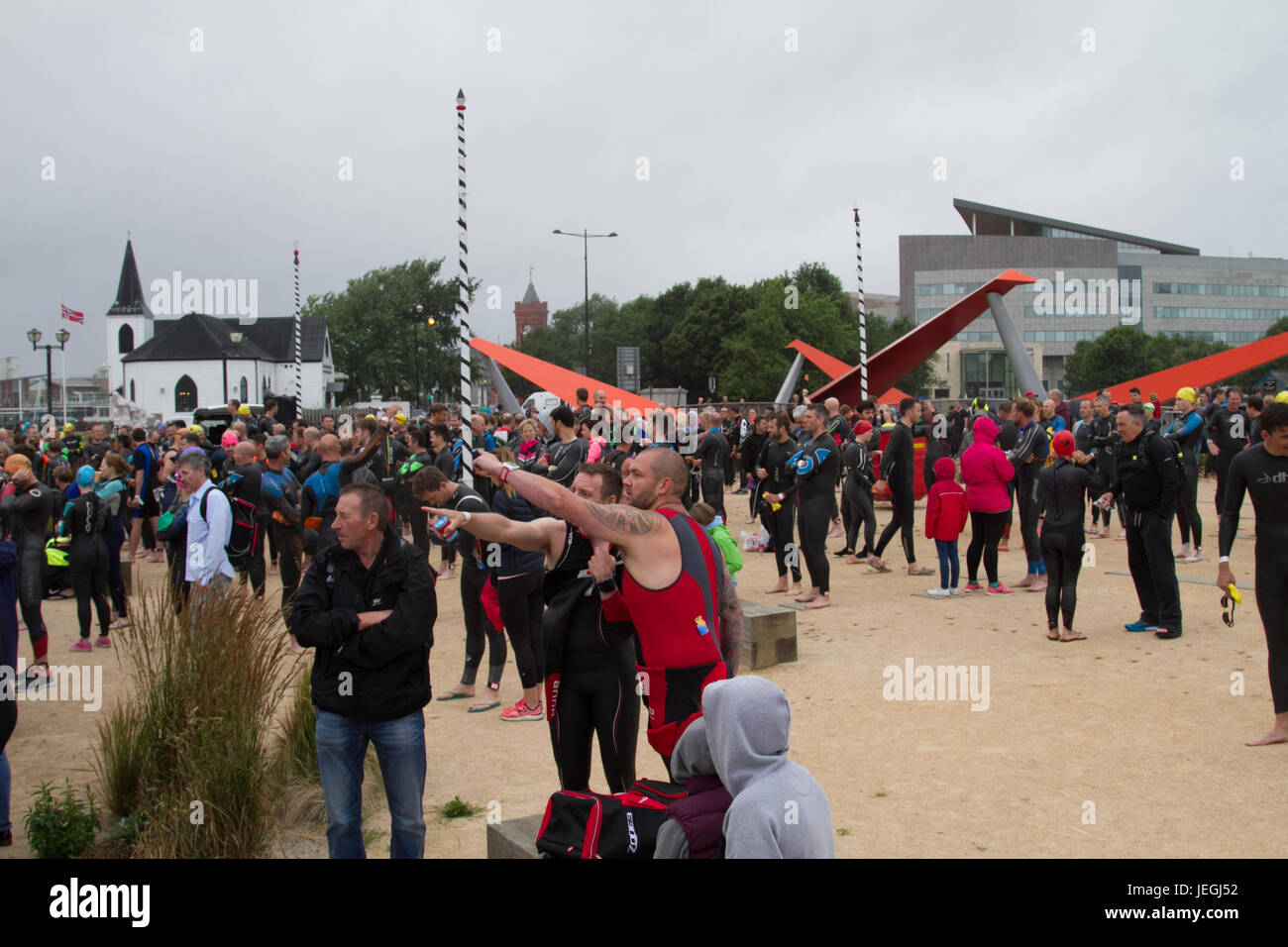 Cardiff Triathlon, Cardiff Bay, South Wales. 25 June 2017. Athletes get ...