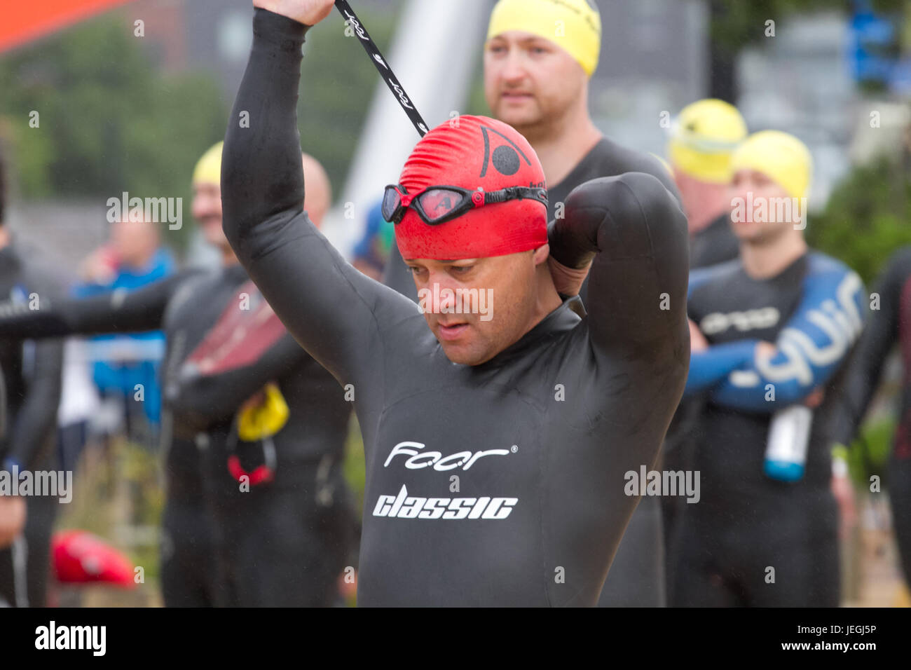 Cardiff Triathlon, Cardiff Bay, South Wales. 25 June 2017. Athletes get ...