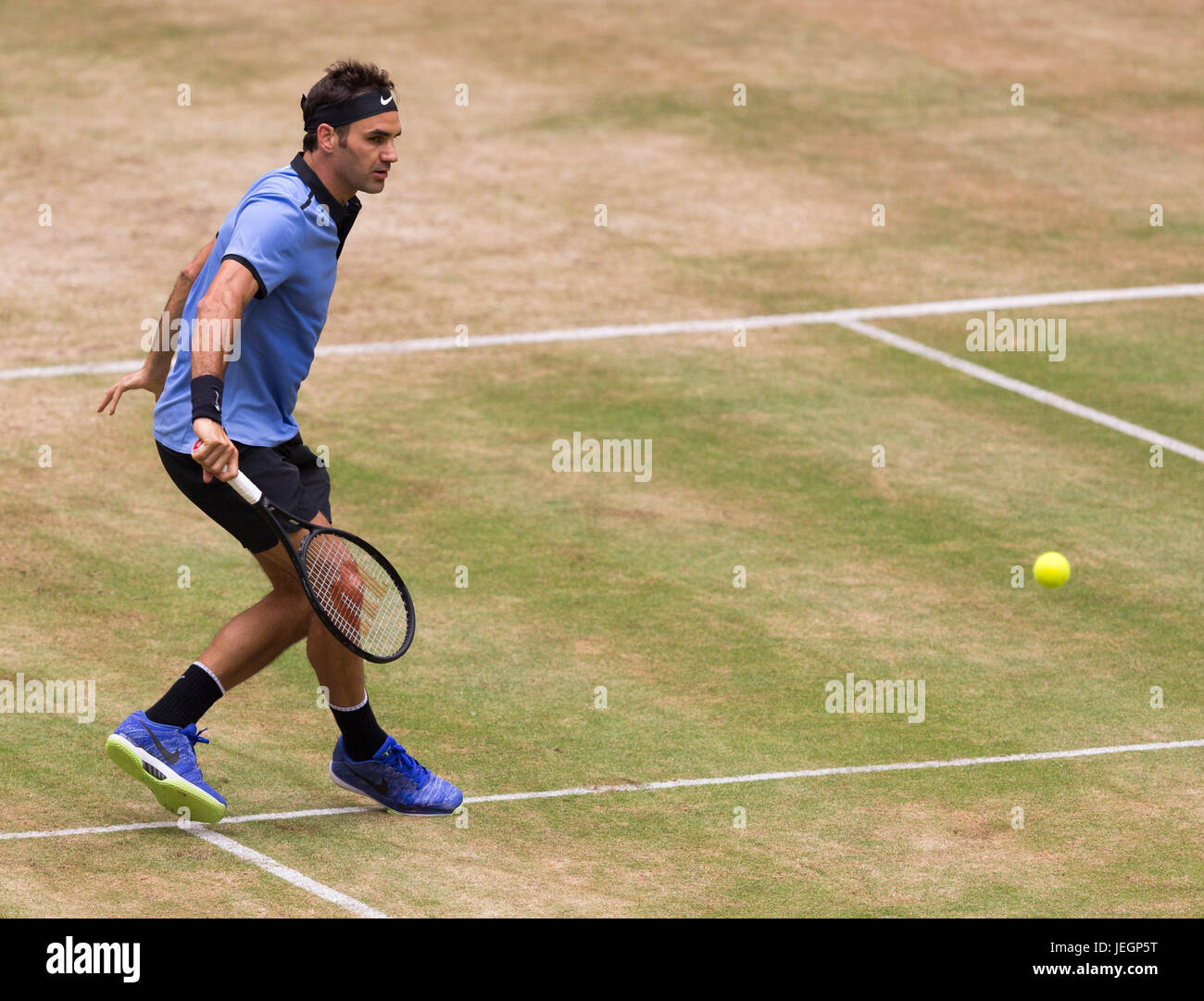 Roger Federer of Switzerland in action in the final of the Gerry Weber ...