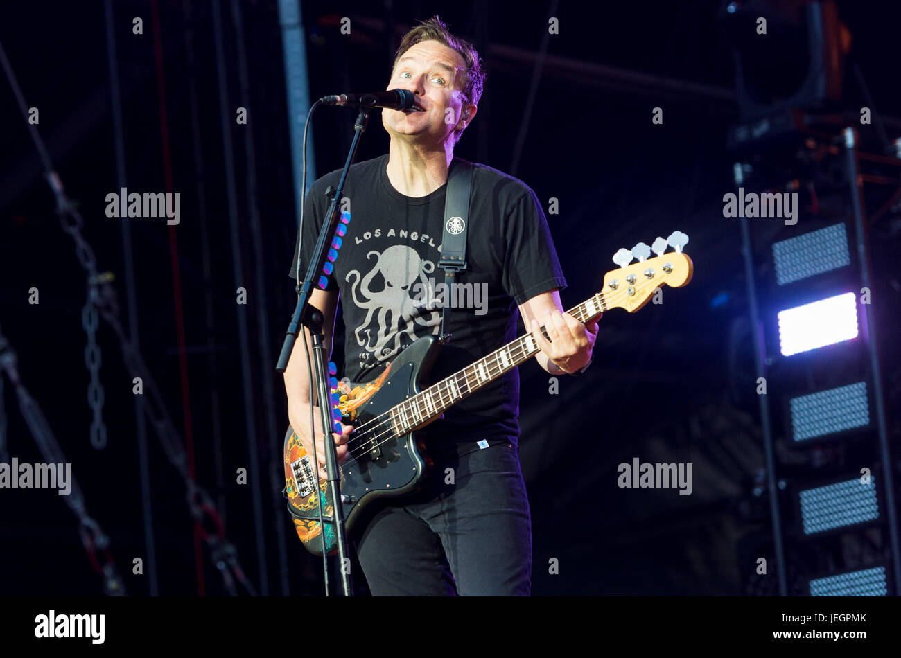 Mark Hoppus, bass player and singer of the band "Blink-182", plays ...