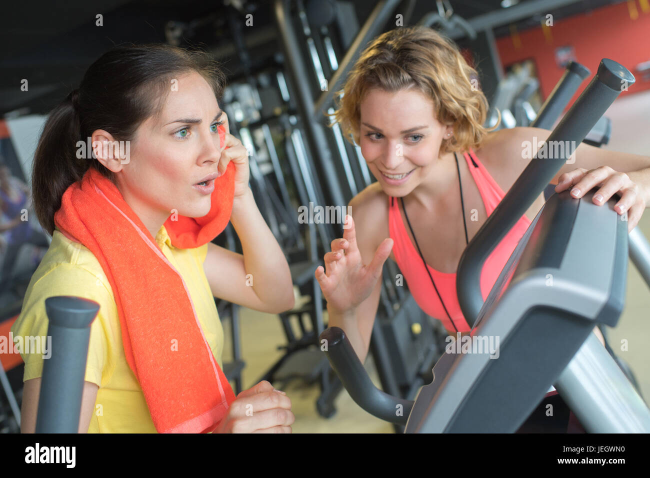 surprised woman talking with a personal trainer while exercising Stock ...