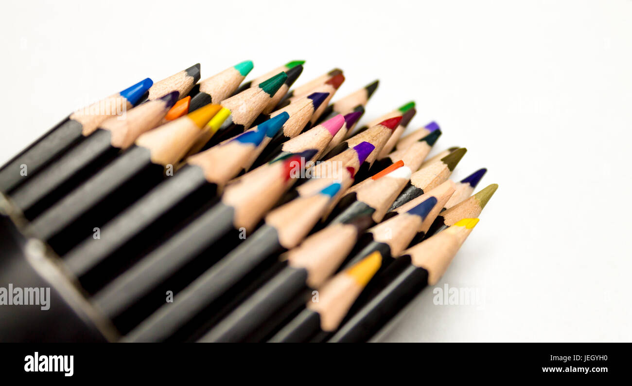 close up of spilled colored pencil container Stock Photo - Alamy