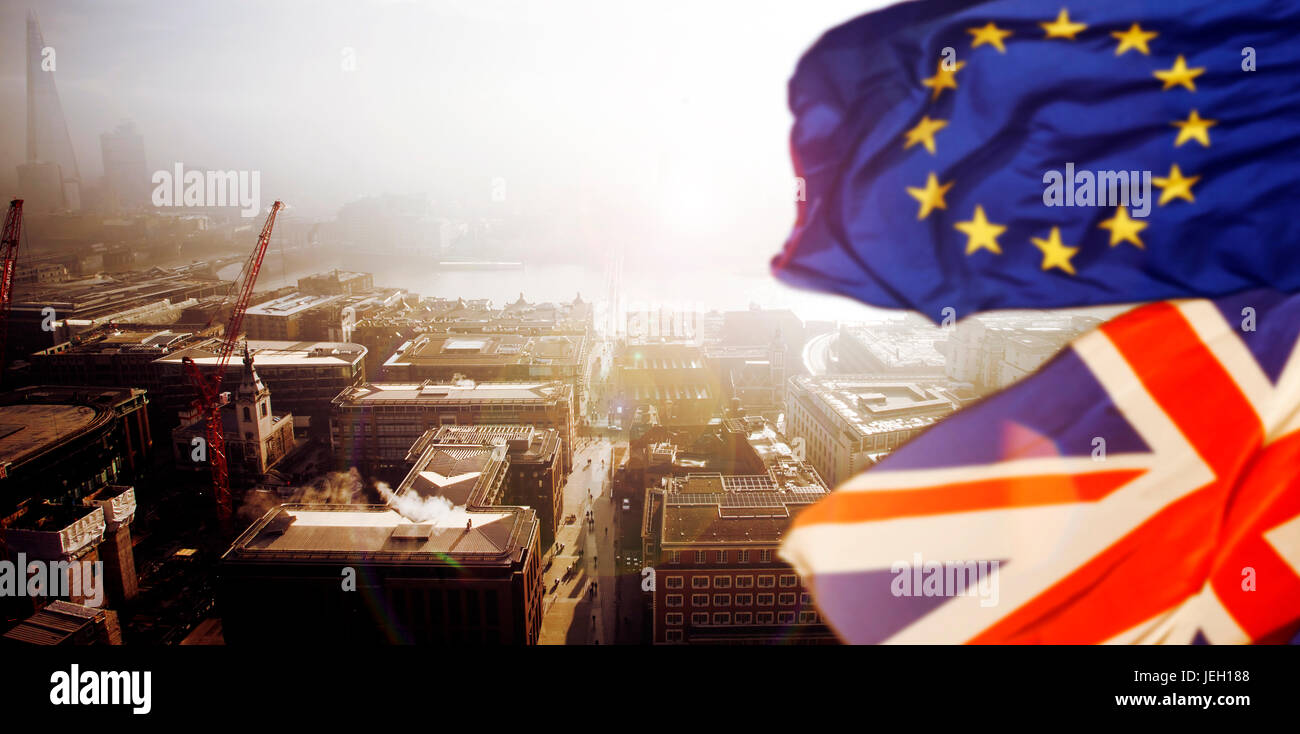 The European Union and the British Union flag over aerial view of ...