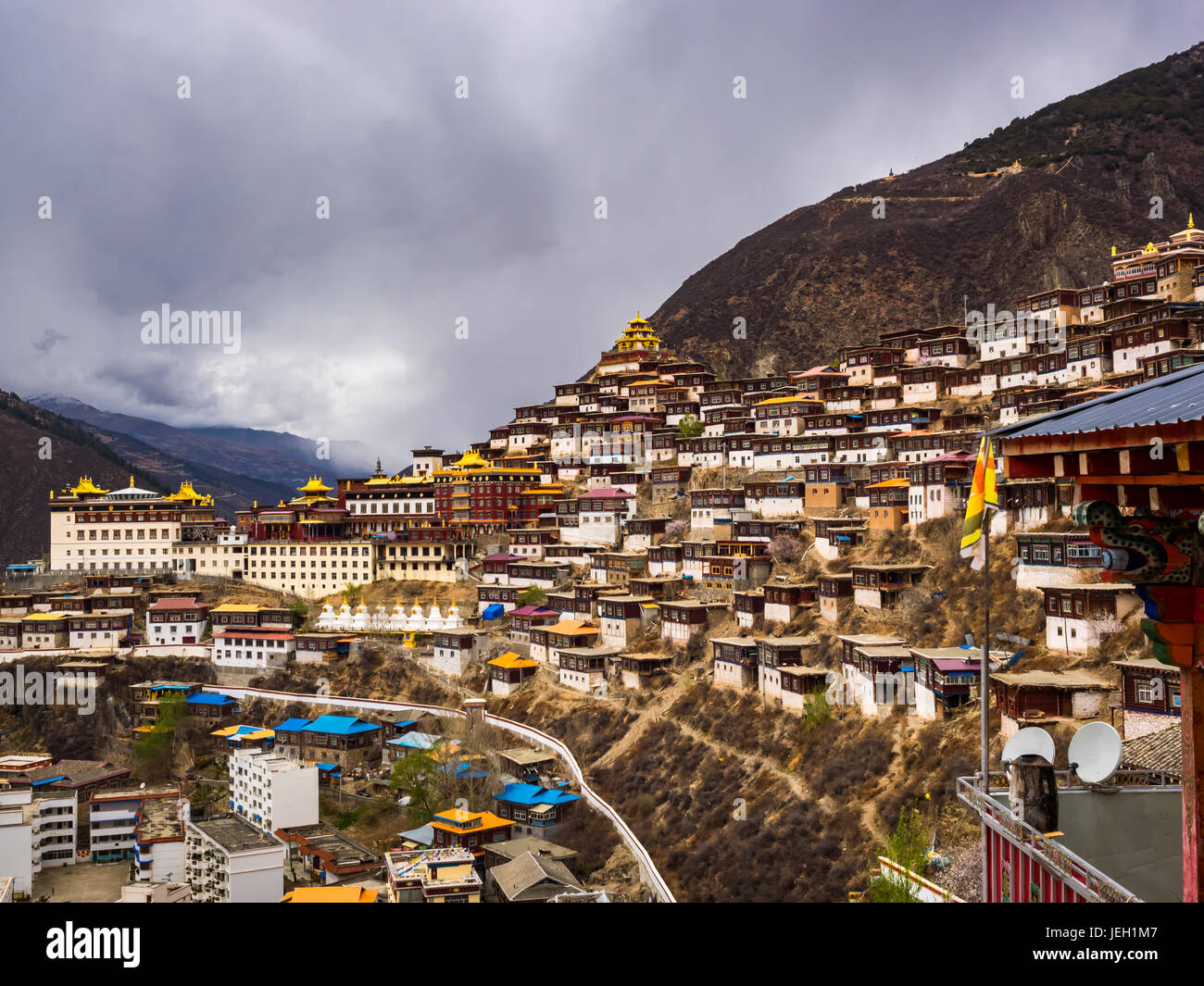 View of Tibetan Town of Baiyu and the monastery in Sichuan, China Stock ...