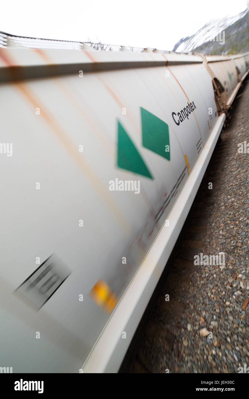 Freight train running on the trans-continental railroad in Alberta ...
