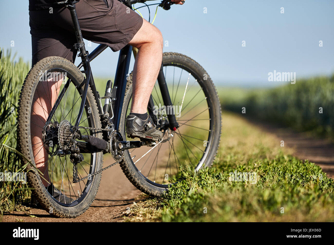 Closeup of cyclist man legs with mountain bike on outdoor trail in the ...
