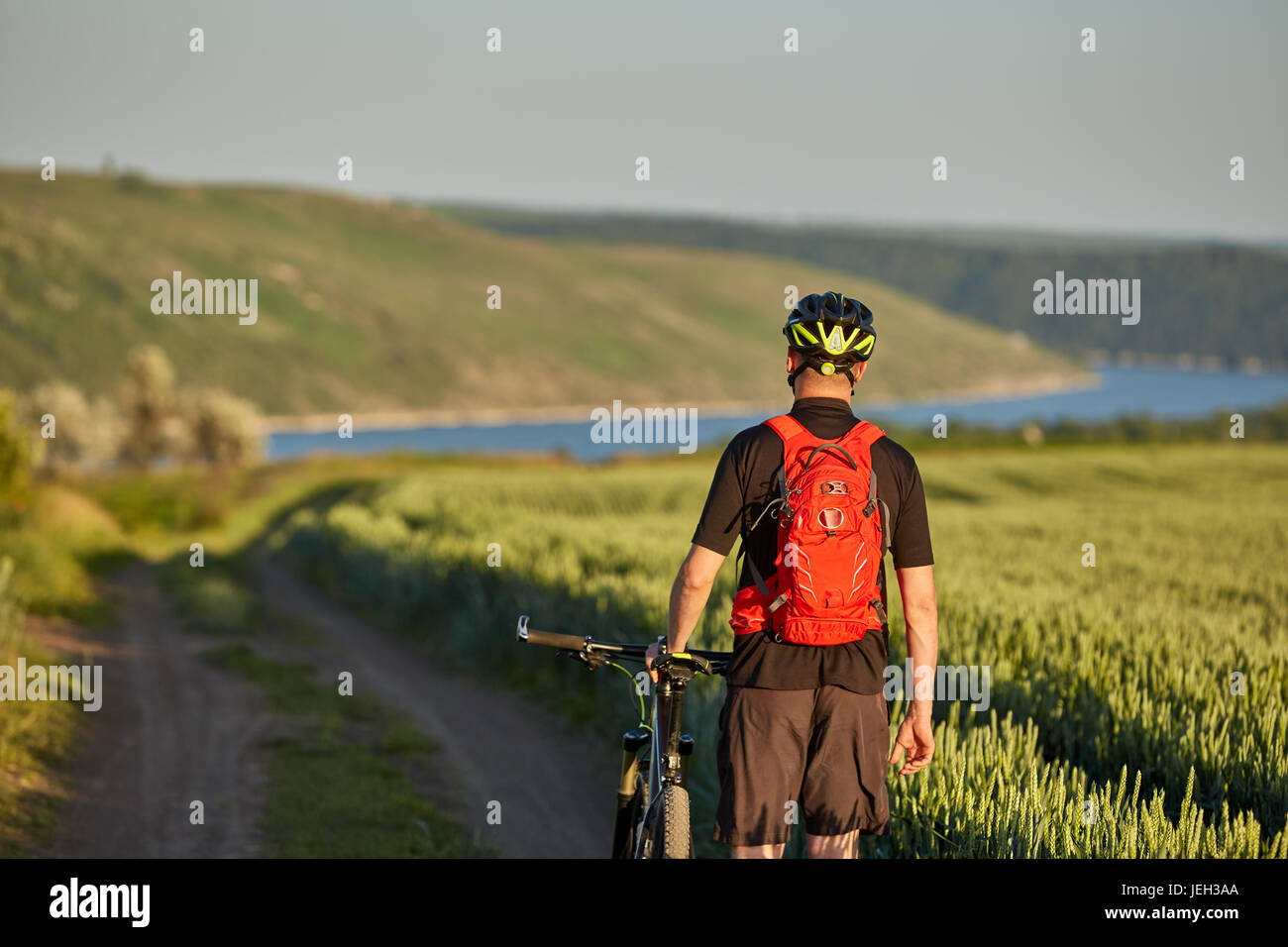 Rear view of the young cyclist with mountain bicyclist in the summer ...