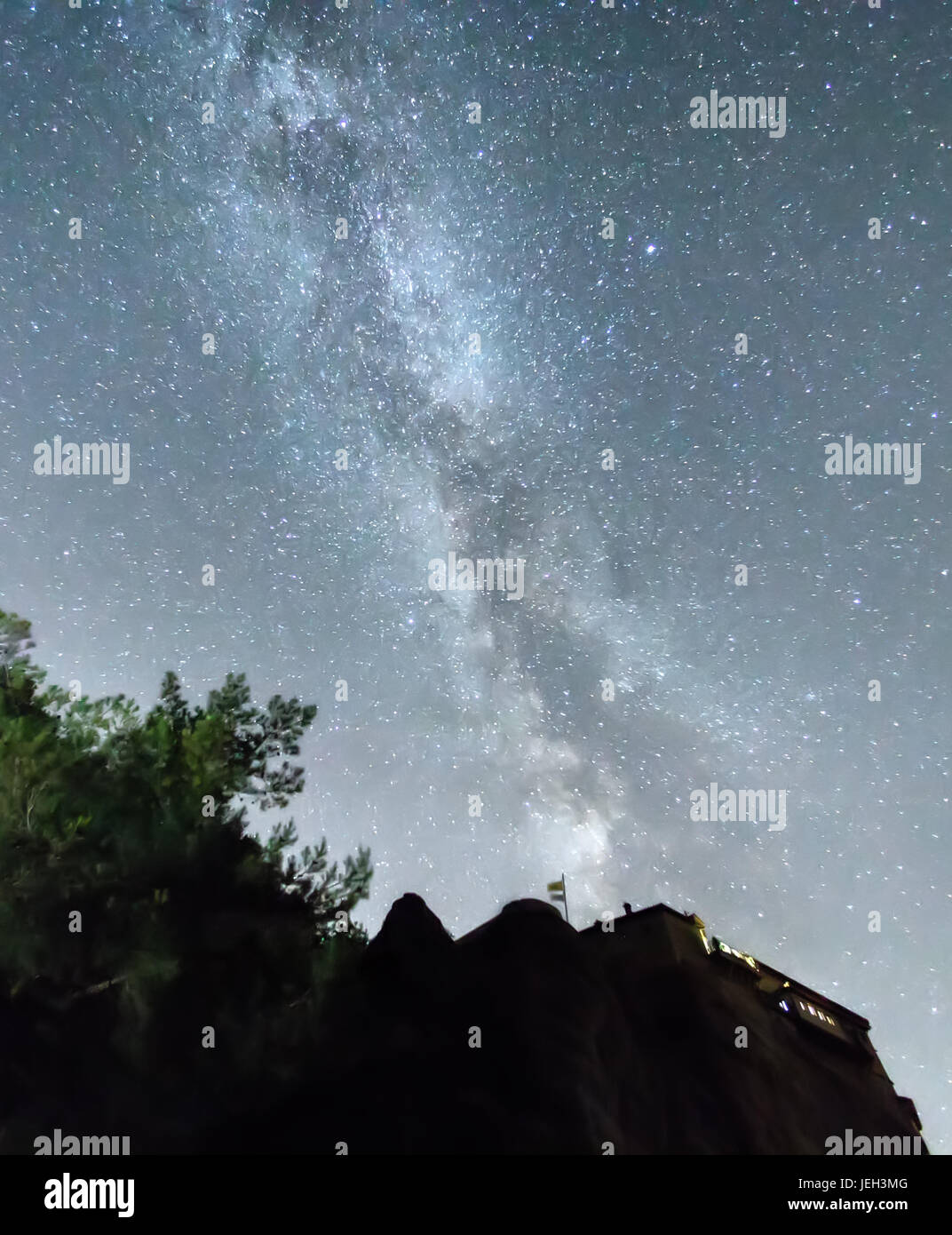Milky Way over the Meteora, Greece. long exposure; Image contain noise ...