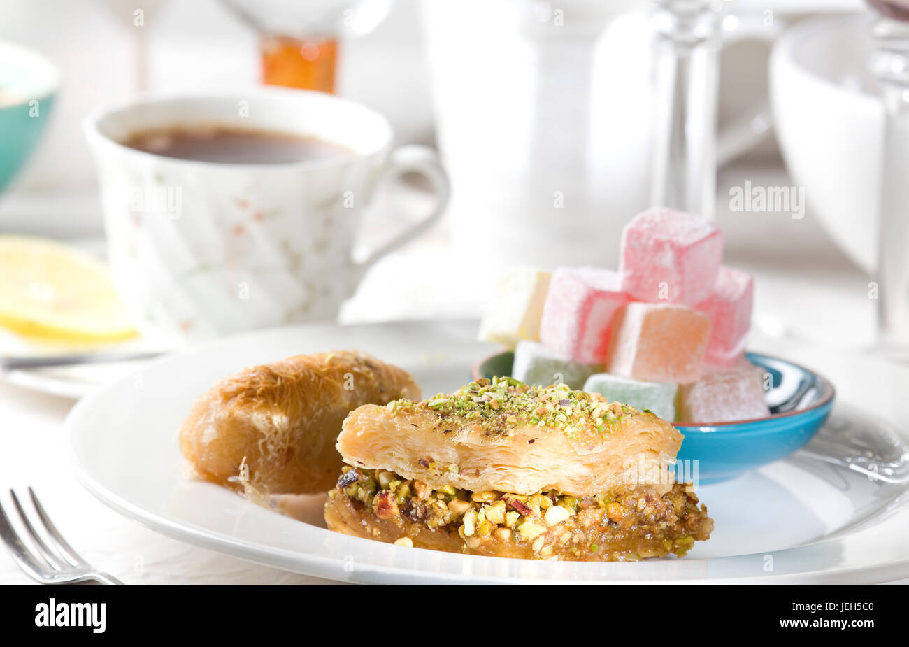 lemon tea with baklava and turkish delight Stock Photo - Alamy
