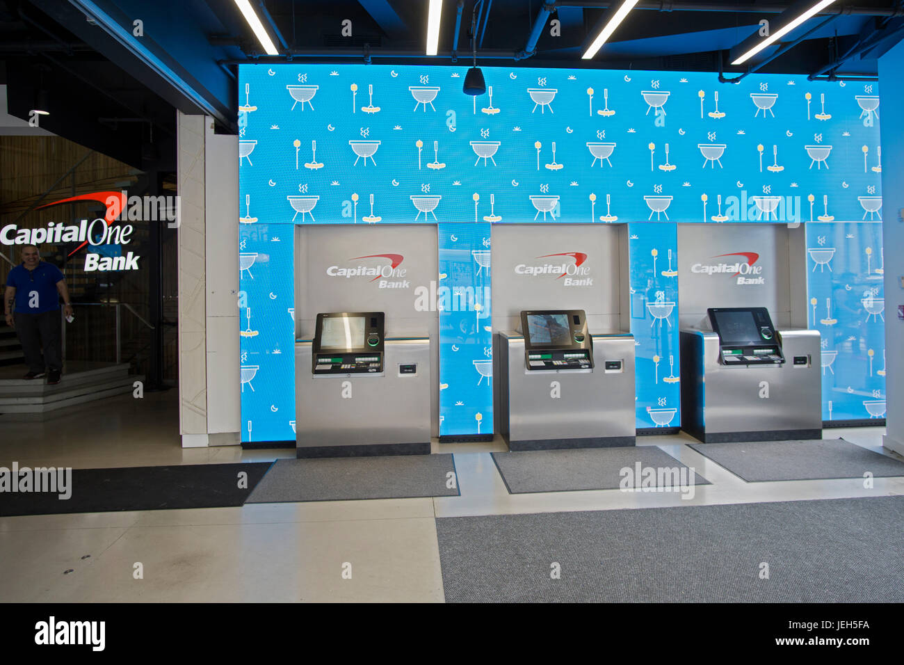 Ornate interior of an area that has Capitol One cash machines. On 14th ...