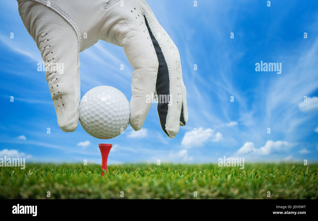 golf players hand placing ball on tee with blue sky Stock Photo - Alamy