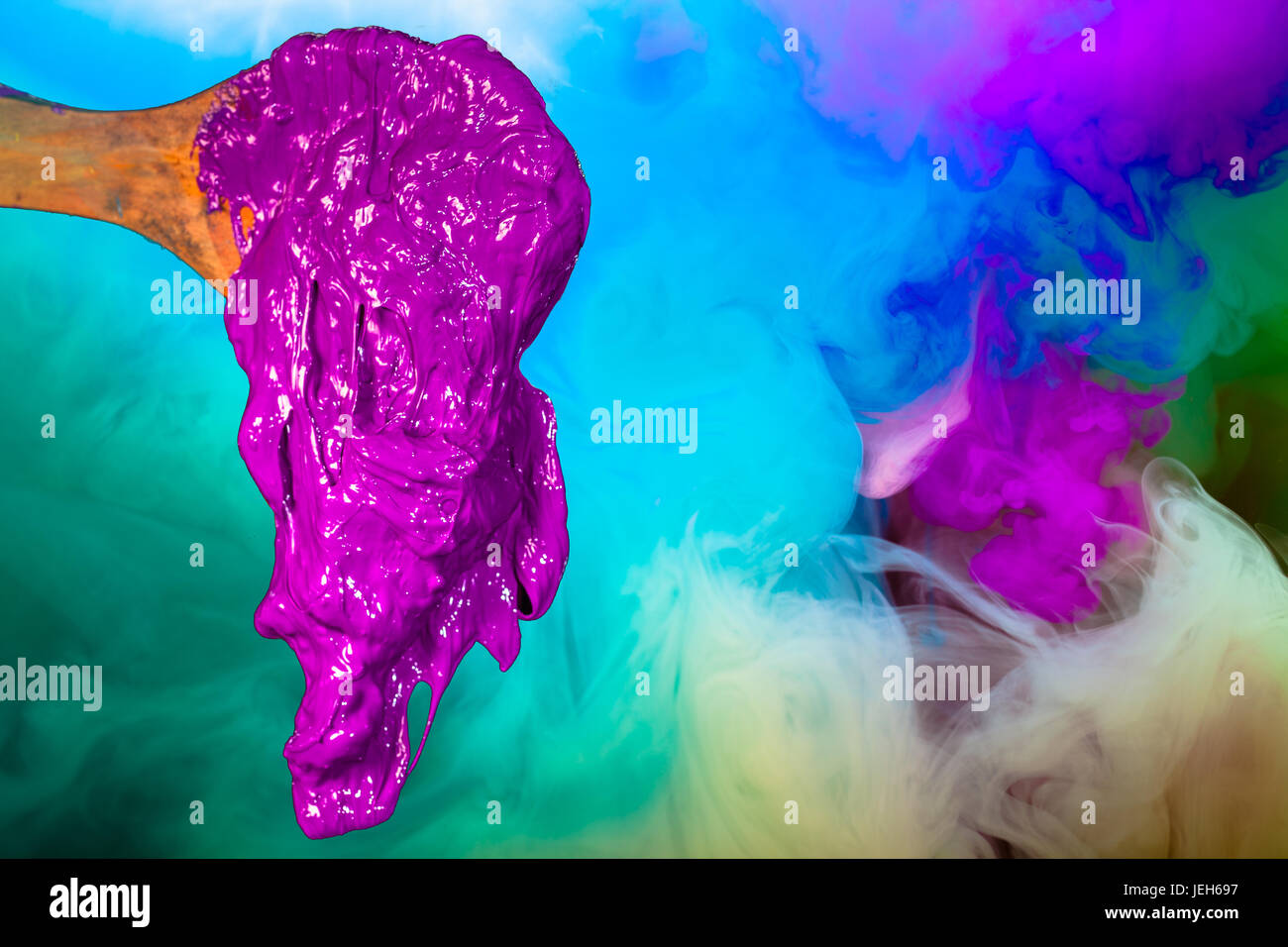 Purple plastisol oil based ink in splash watercolor base background ...