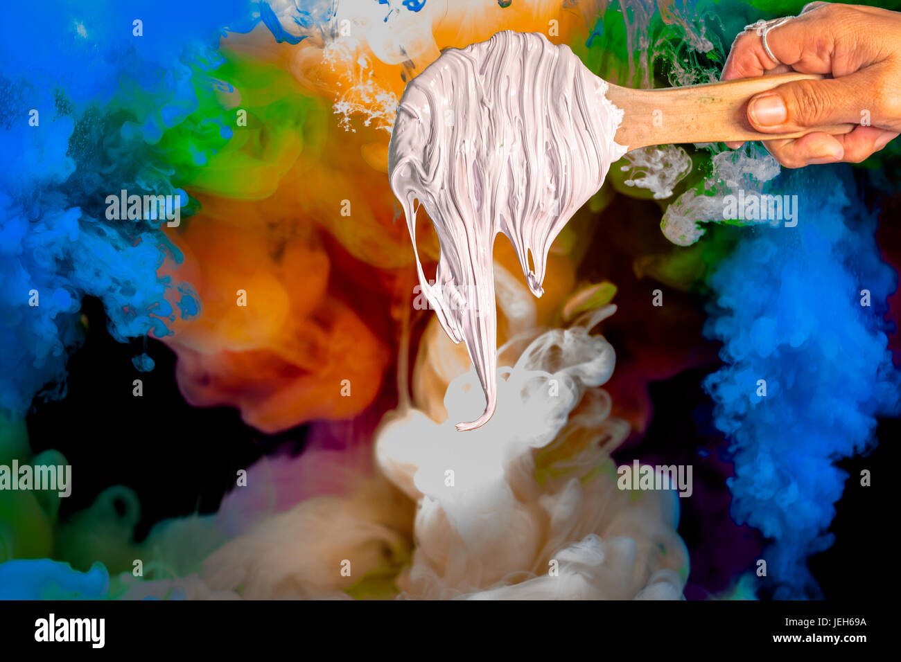 white plastisol oil based ink in splash watercolor base background ...