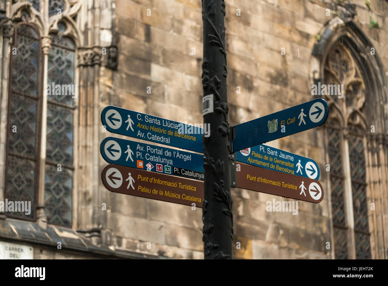Destination signs for landmarks on a post with an old stone wall and ...