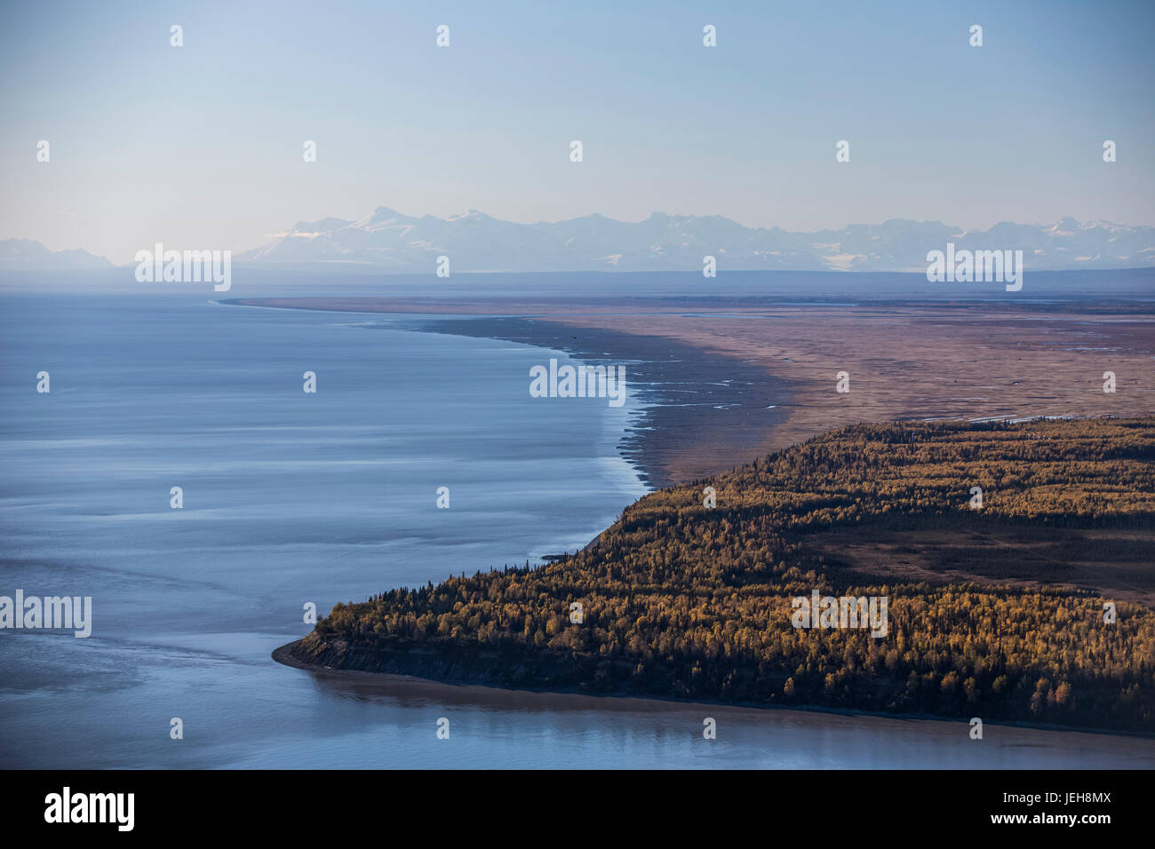 Cook Inlet and Point MacKenzie on a clear autumn day, the snow covered ...