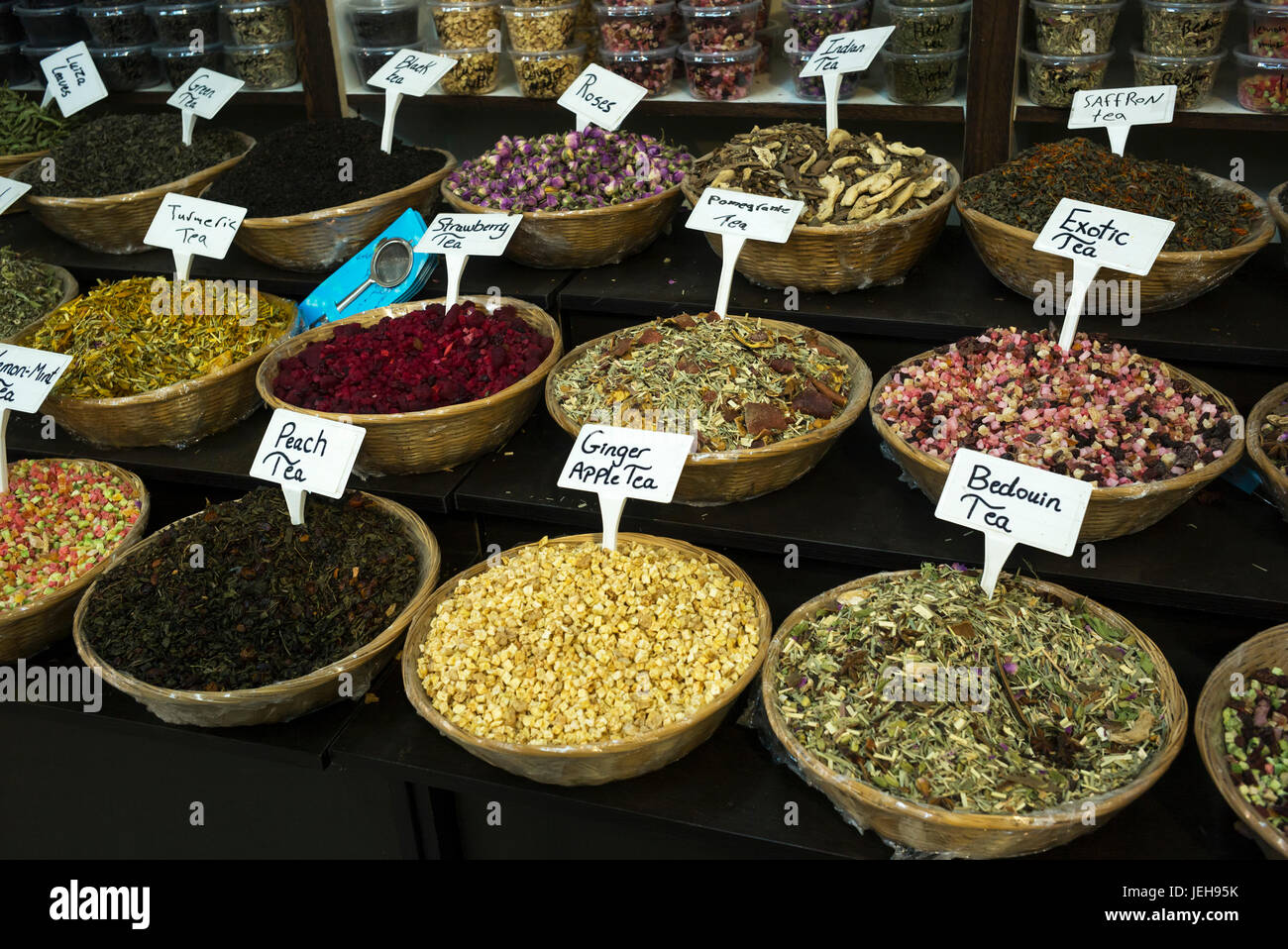 Variety of tea leaves for sale at the Arab Market in the Old City of ...