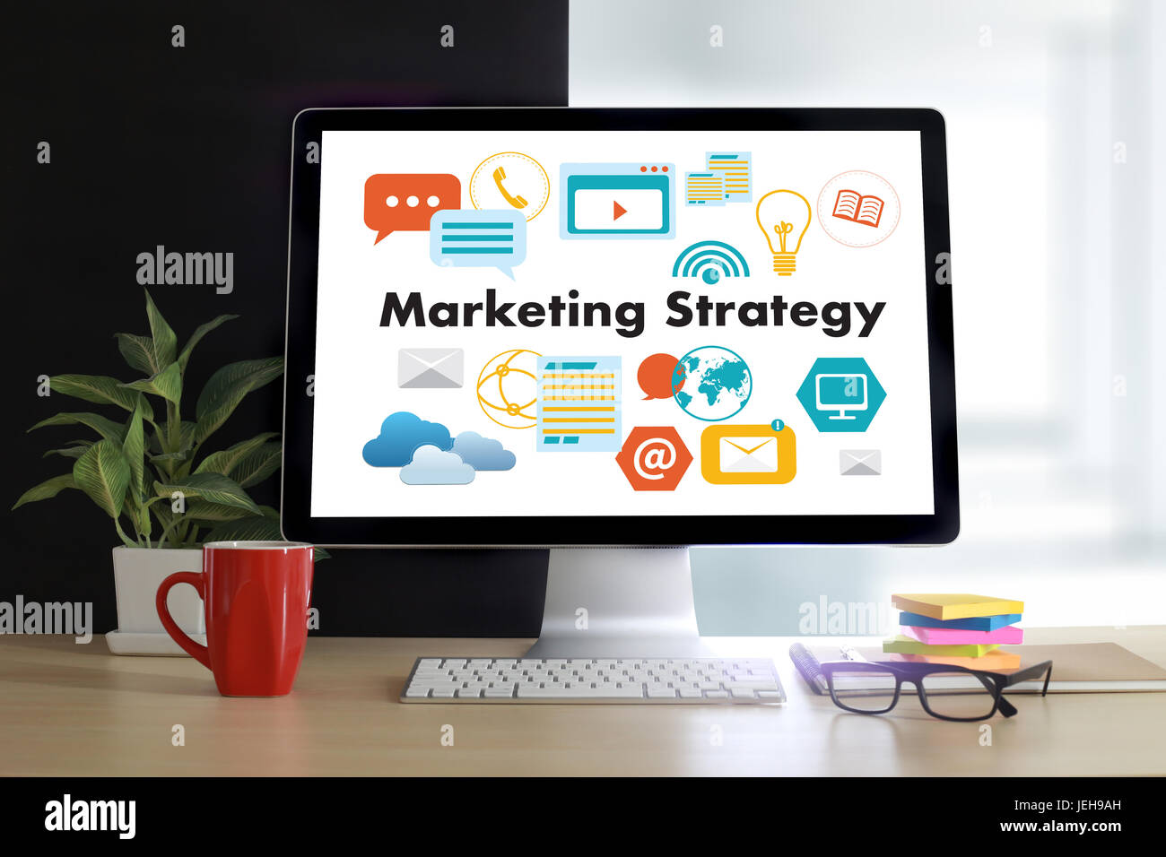 Marketing Strategy technology business man working on laptop computer ...