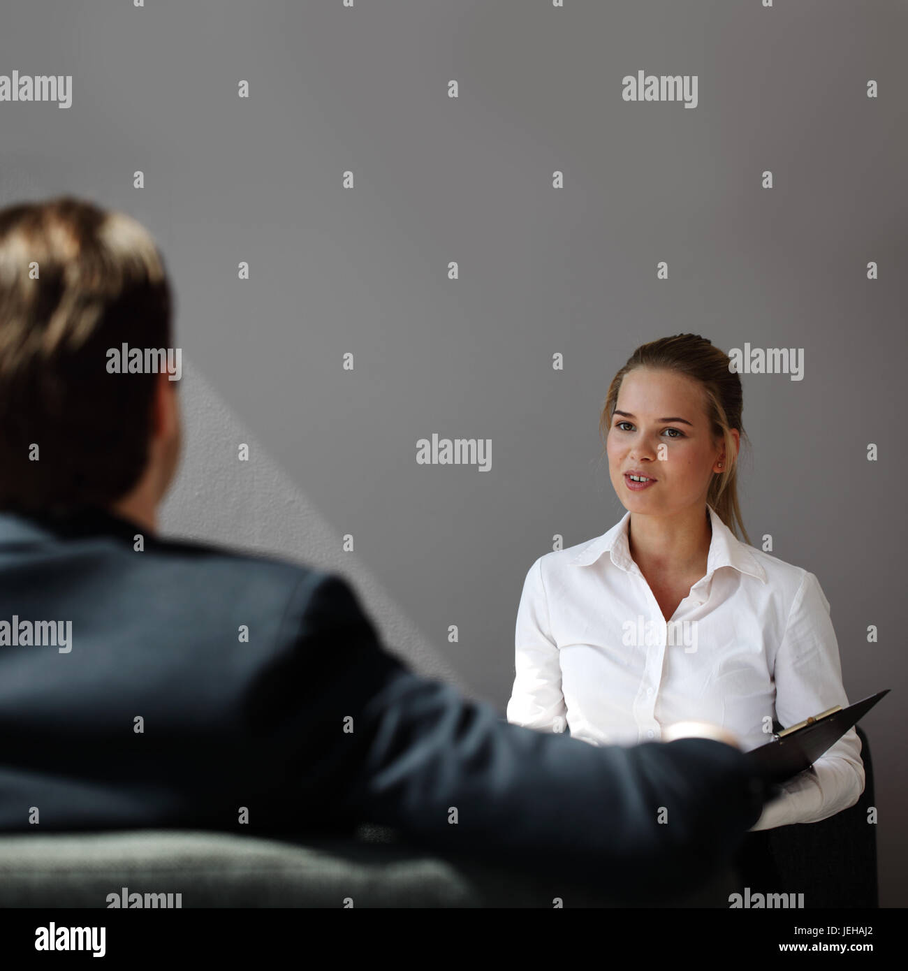 Job businss interview - businessman listen to candidate answers Stock ...