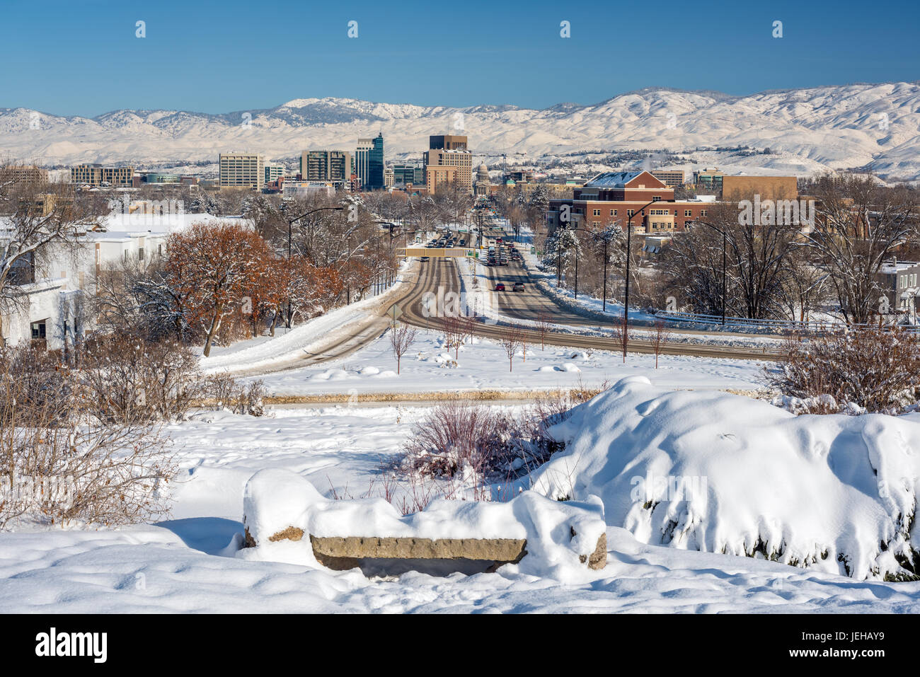 Winter driving on a main road in Boise Idaho with skyline Stock Photo ...