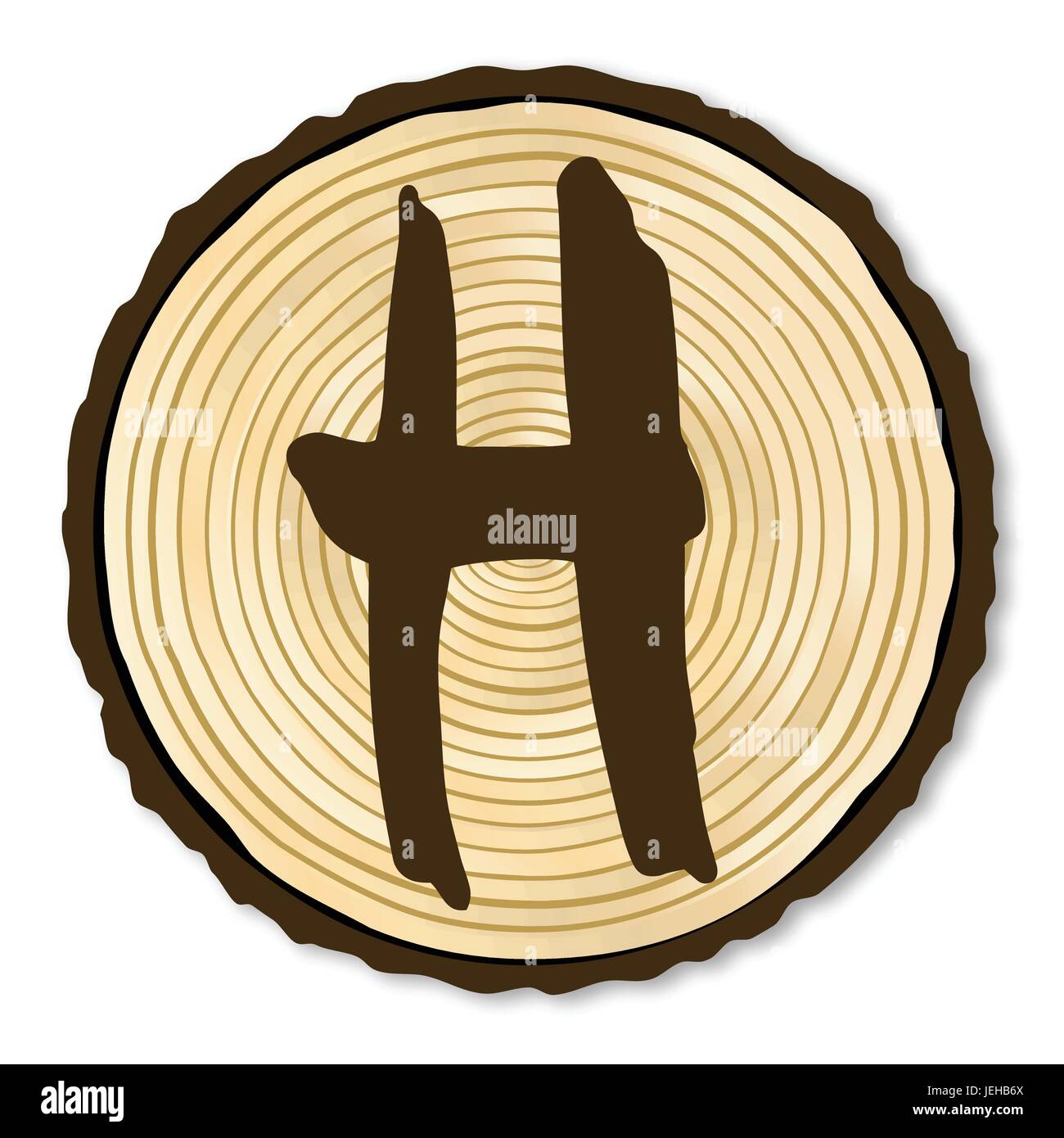 A light wood timber end section with the letter H over a white ...