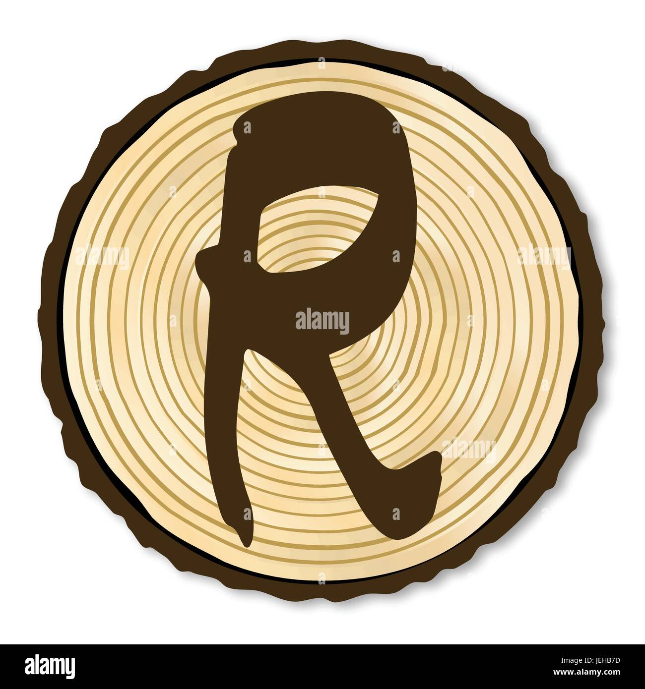 A light wood timber end section with the letter R over a white ...