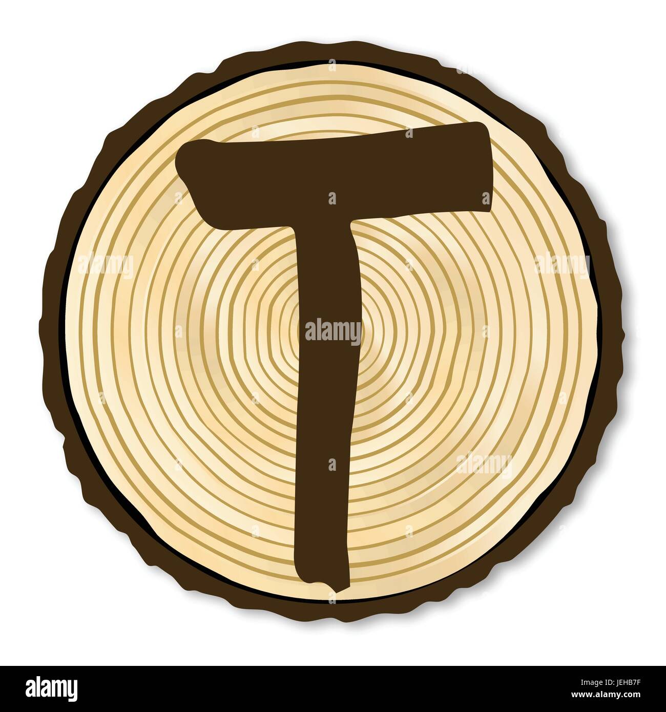 A light wood timber end section with the letter T over a white ...