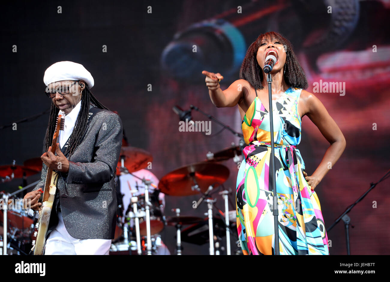 Nile Rodgers and Chic performing on the Pyramid Stage at Glastonbury ...