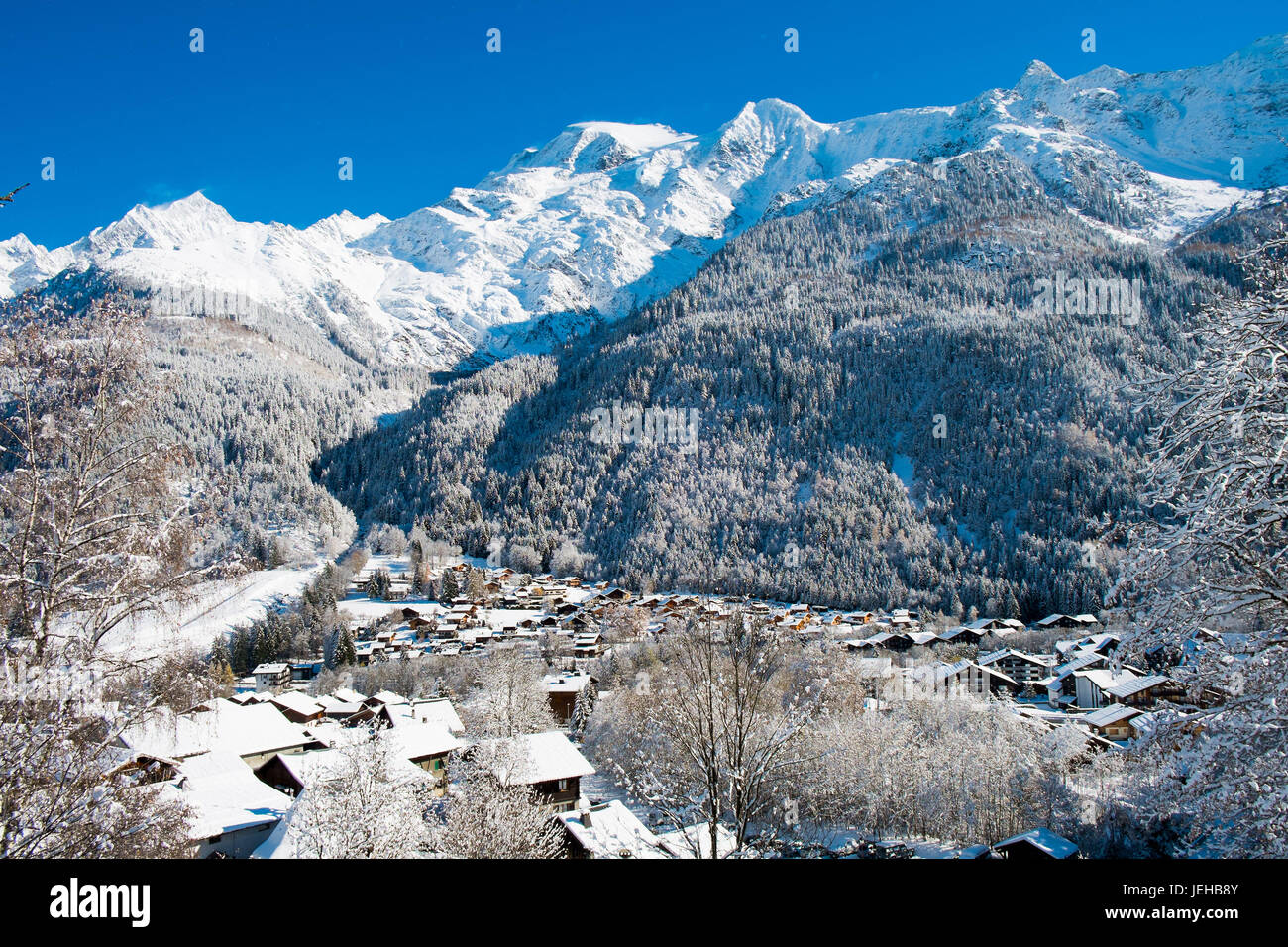 View of Mont Blanc and Les Contamines village in Winter, Chamonix ...